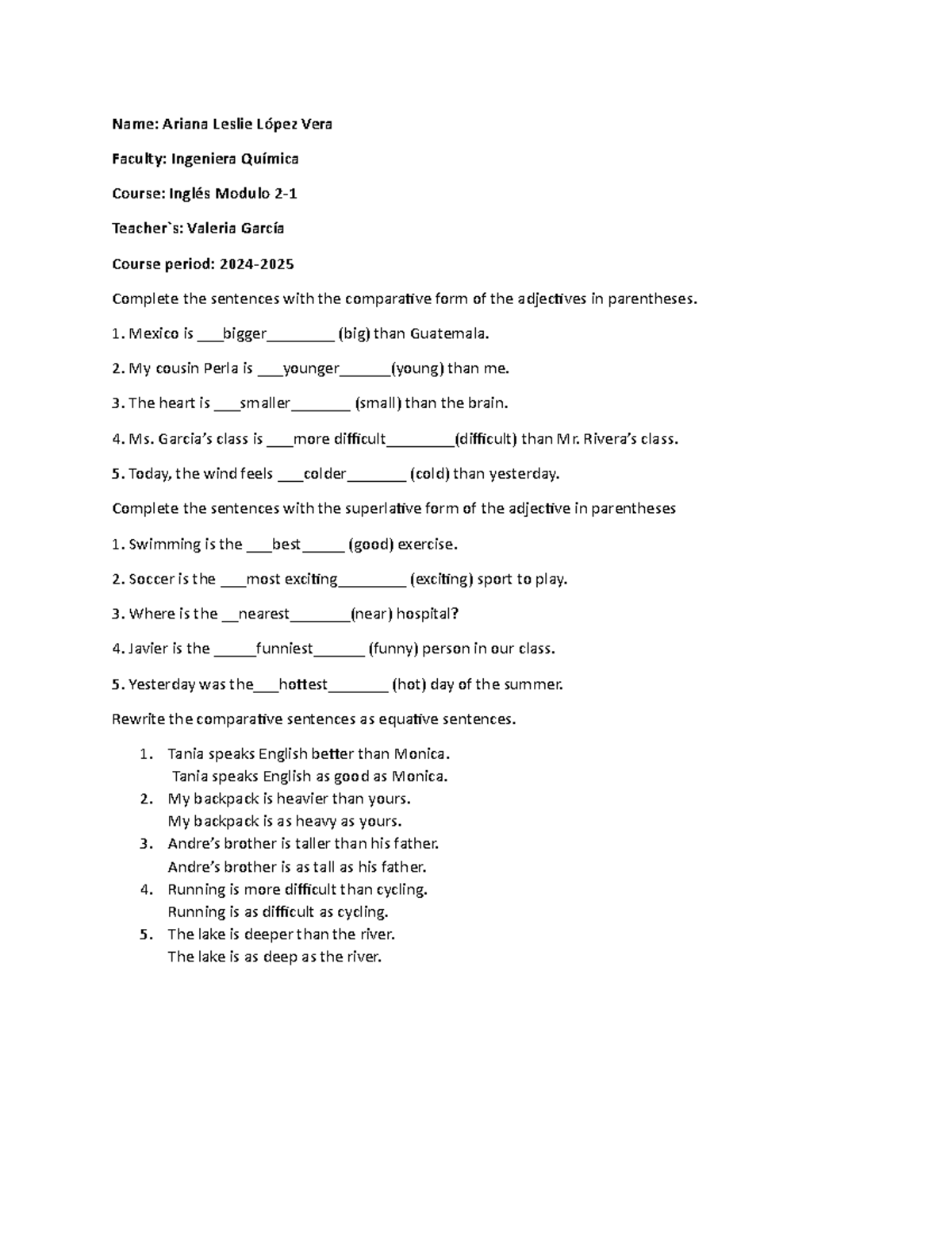 Exercise asincronico Comparative, Superlative and Equative- Ariana ...