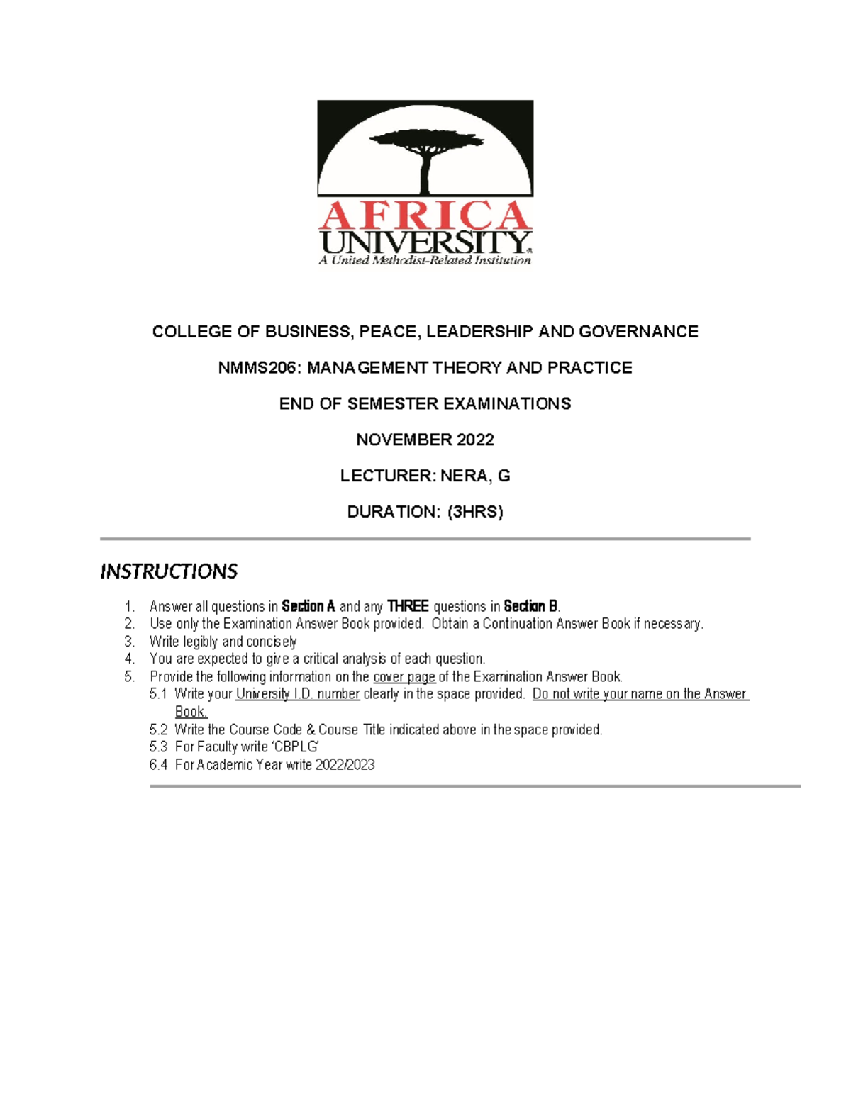 NMMS 206 202211 Management Theory and Practice - COLLEGE OF BUSINESS ...