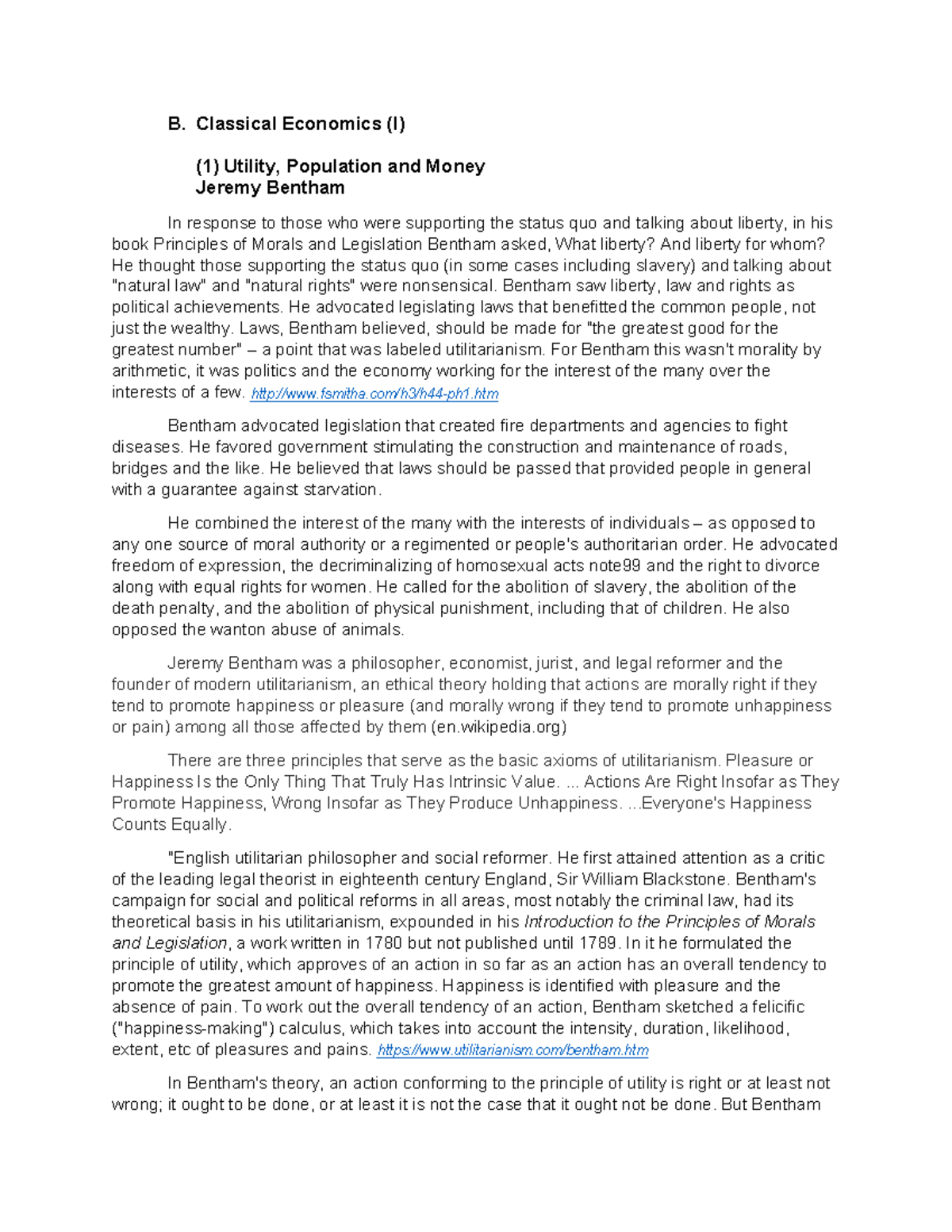 Classical Economics Utility, Population and Money Jeremy Bentham ...