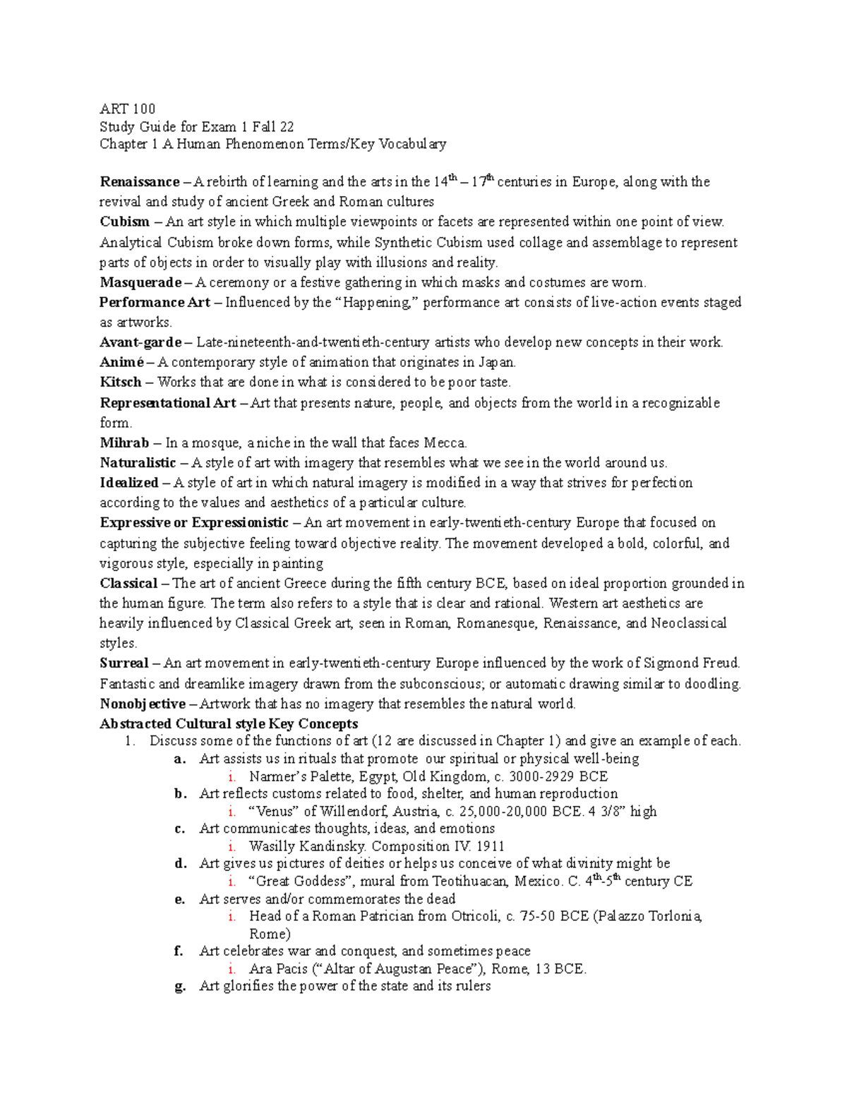 ART 100 Quiz 1 Study Guide - ART 100 Study Guide for Exam 1 Fall 22 ...