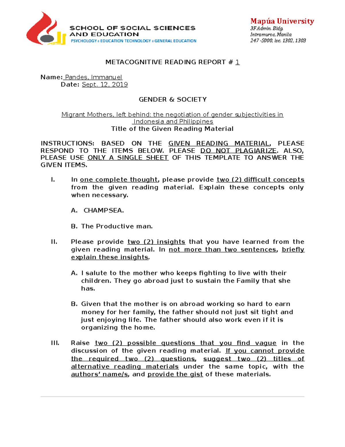 MRR#1 - nos os os so sos osjodjd d odjd od dod - METACOGNITIVE READING ...