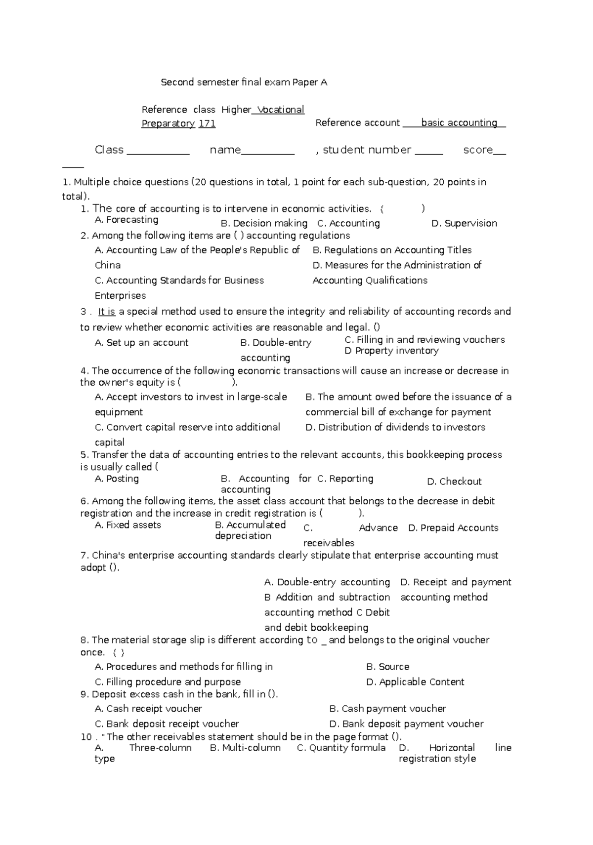 Second semester final exam Paper A - Second semester final exam Paper A ...
