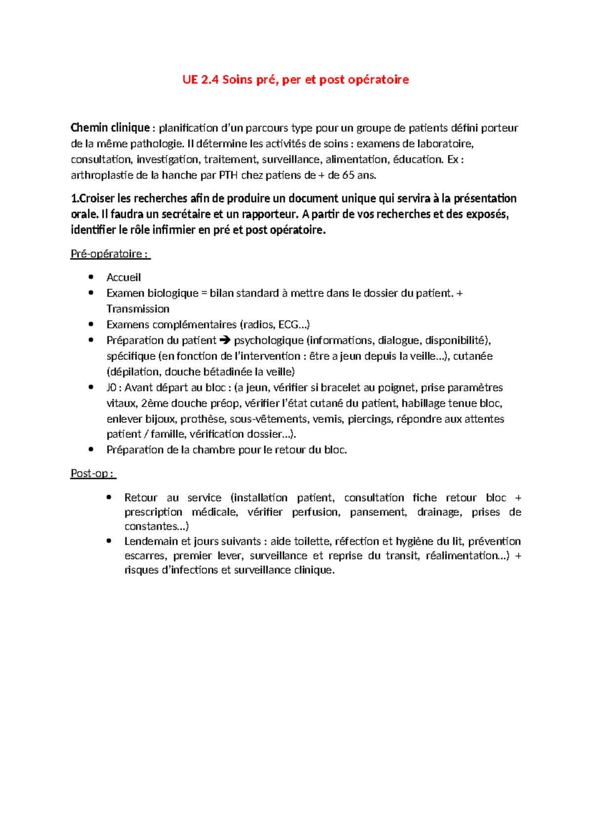 U.E 2.4 TD Soins pré, per et post-op - UE 2 Soins pré, per et post ...