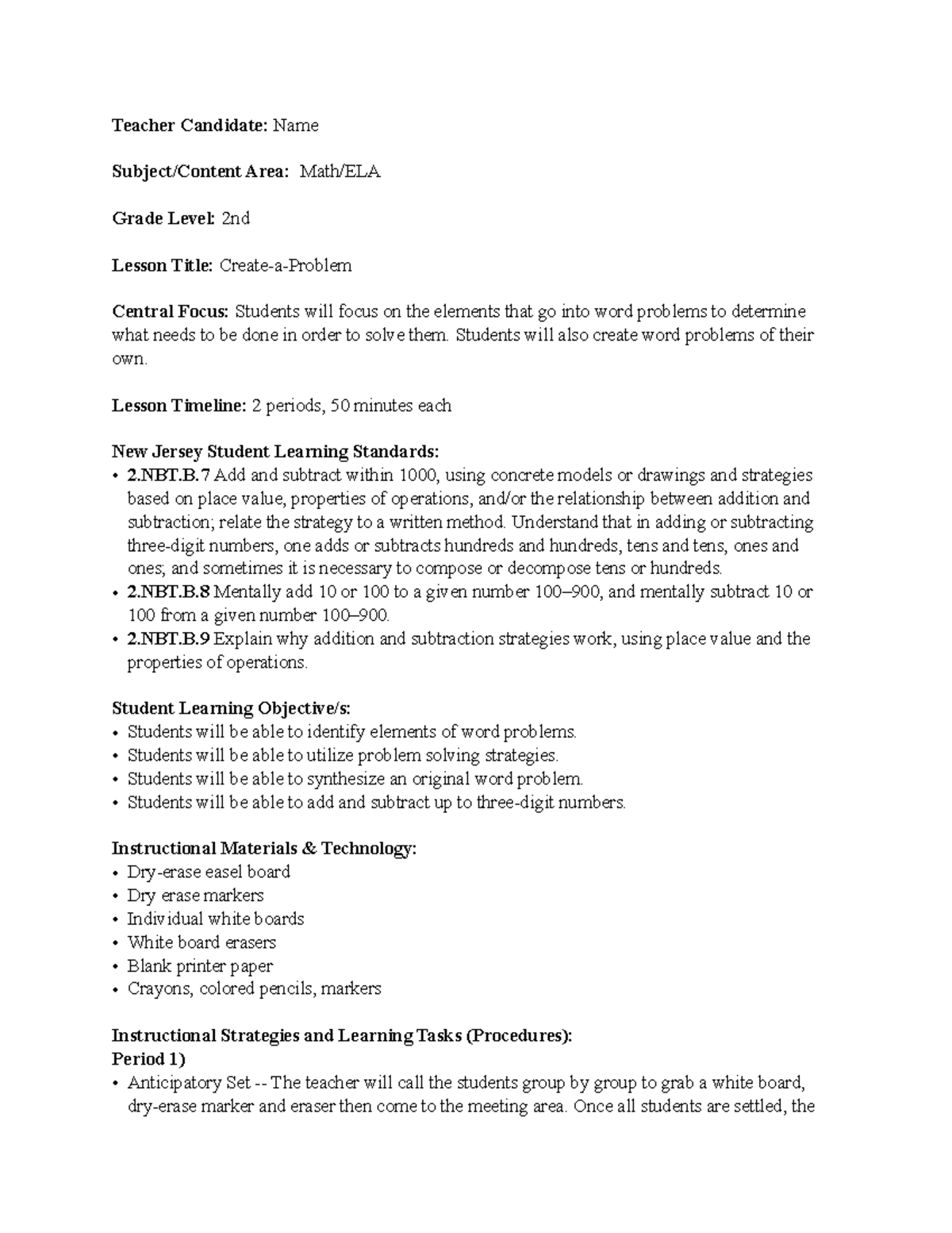 2nd GradeMath ELA Lesson Plan Example Teacher Candidate Name