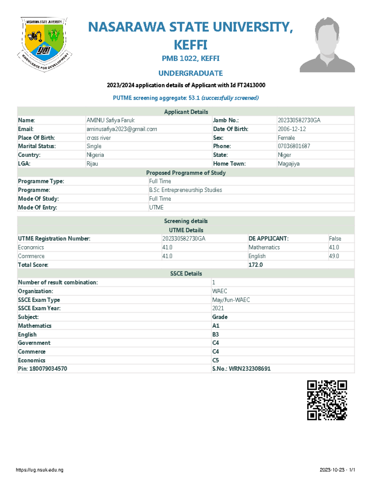 Application-summary (26) - NASARAWA STATE UNIVERSITY, KEFFI PMB 1022 ...