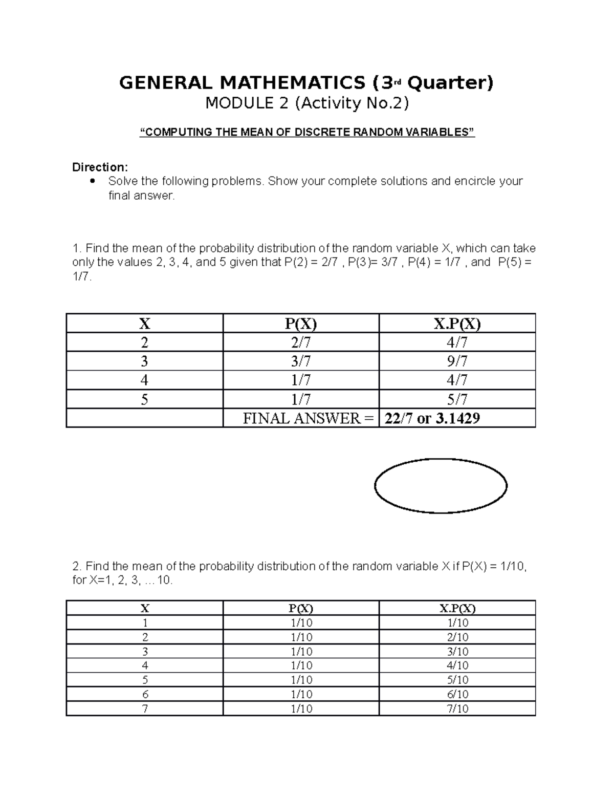Statistics AND Probability - GENERAL MATHEMATICS (3rd Quarter) MODULE 2 ...