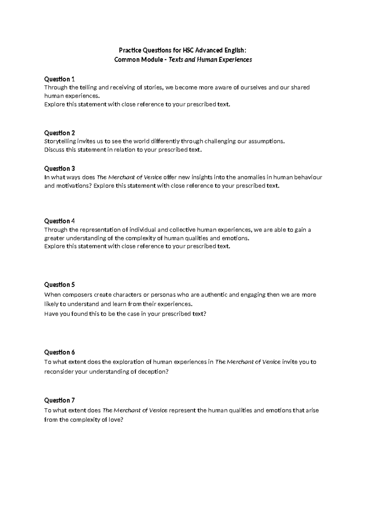 Practice questions english - Practice Questions for HSC Advanced ...