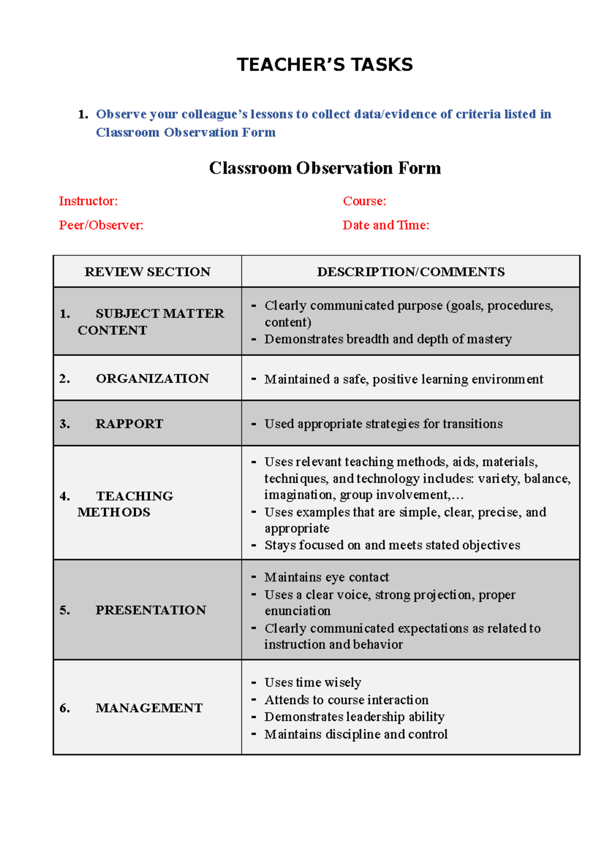 5 Bài thu hoạch - Practice materials - TEACHER’S TASKS Observe your colleague’s lessons to ...