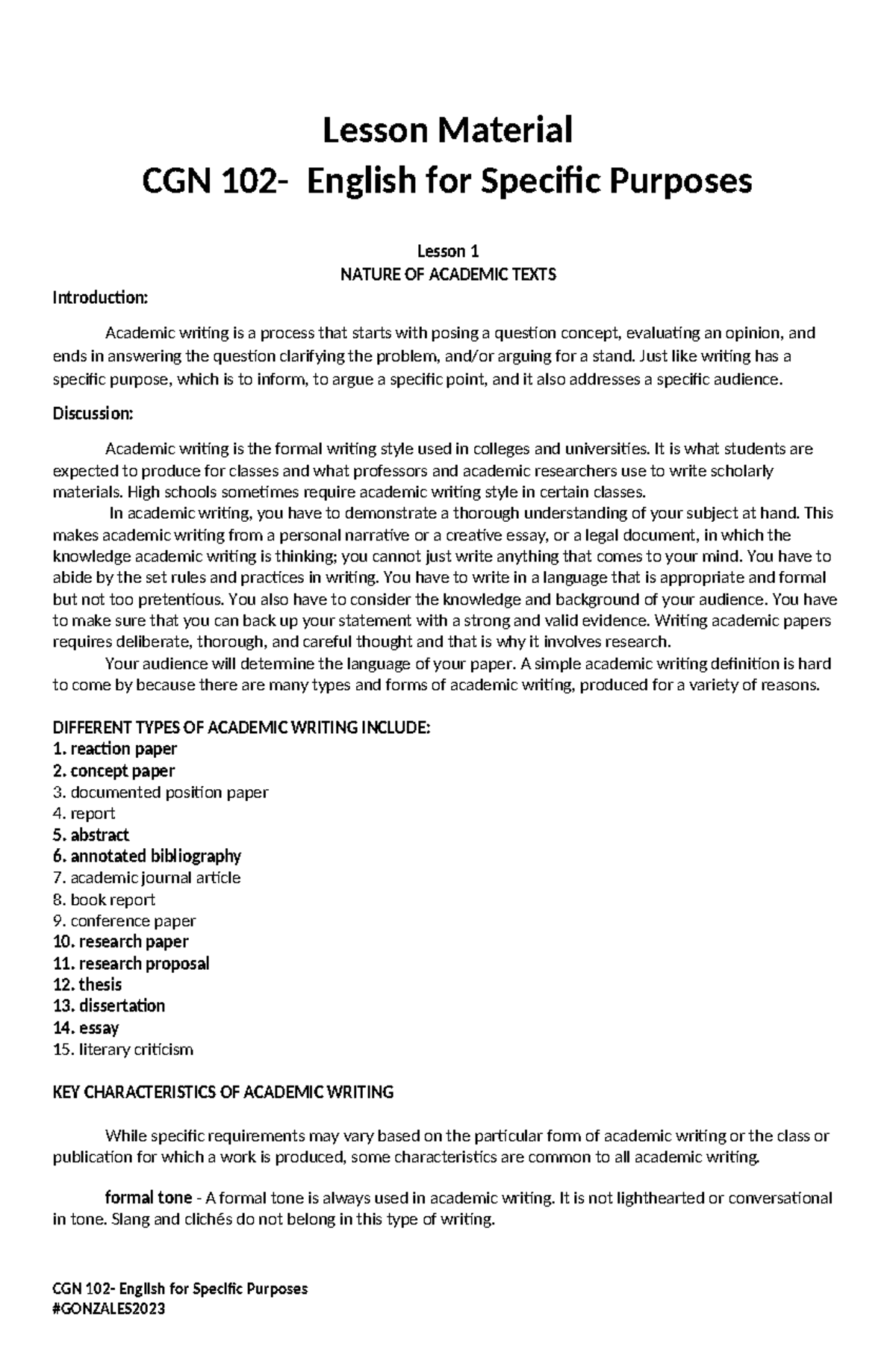 CGN 102 Lesson Material - Lesson Material CGN 102- English for Specific Purposes Lesson 1 NATURE ...