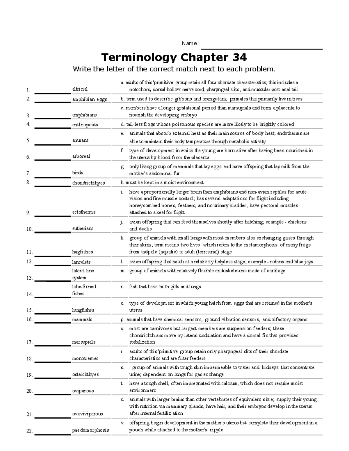 Terminology Chapter 34 - Name: Terminology Chapter 34 Write the letter ...
