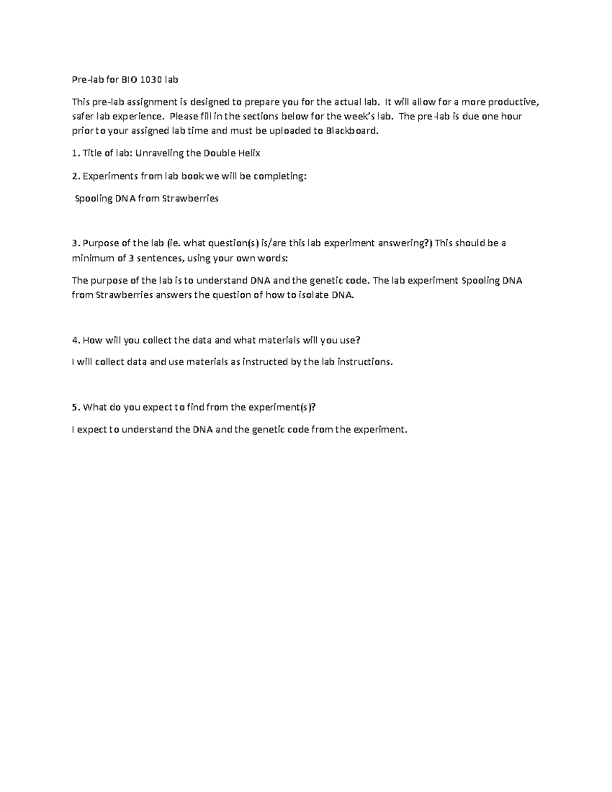 BIO Lab - Pre-Lab 11 - Professor Krystal Bakkila - Pre-lab for BIO 1030 lab This pre-lab ...