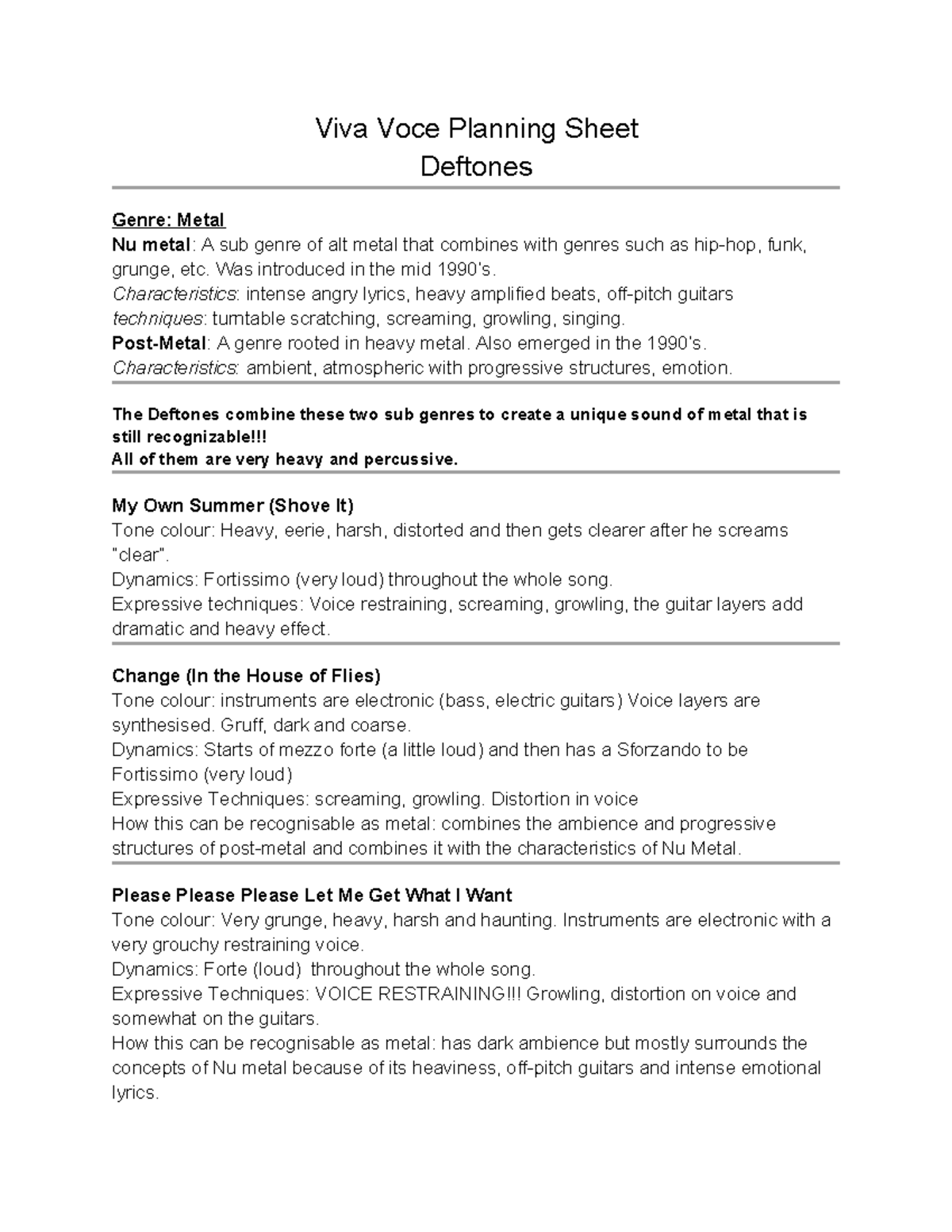Viva Voce notes example - Viva Voce Planning Sheet Deftones Genre ...