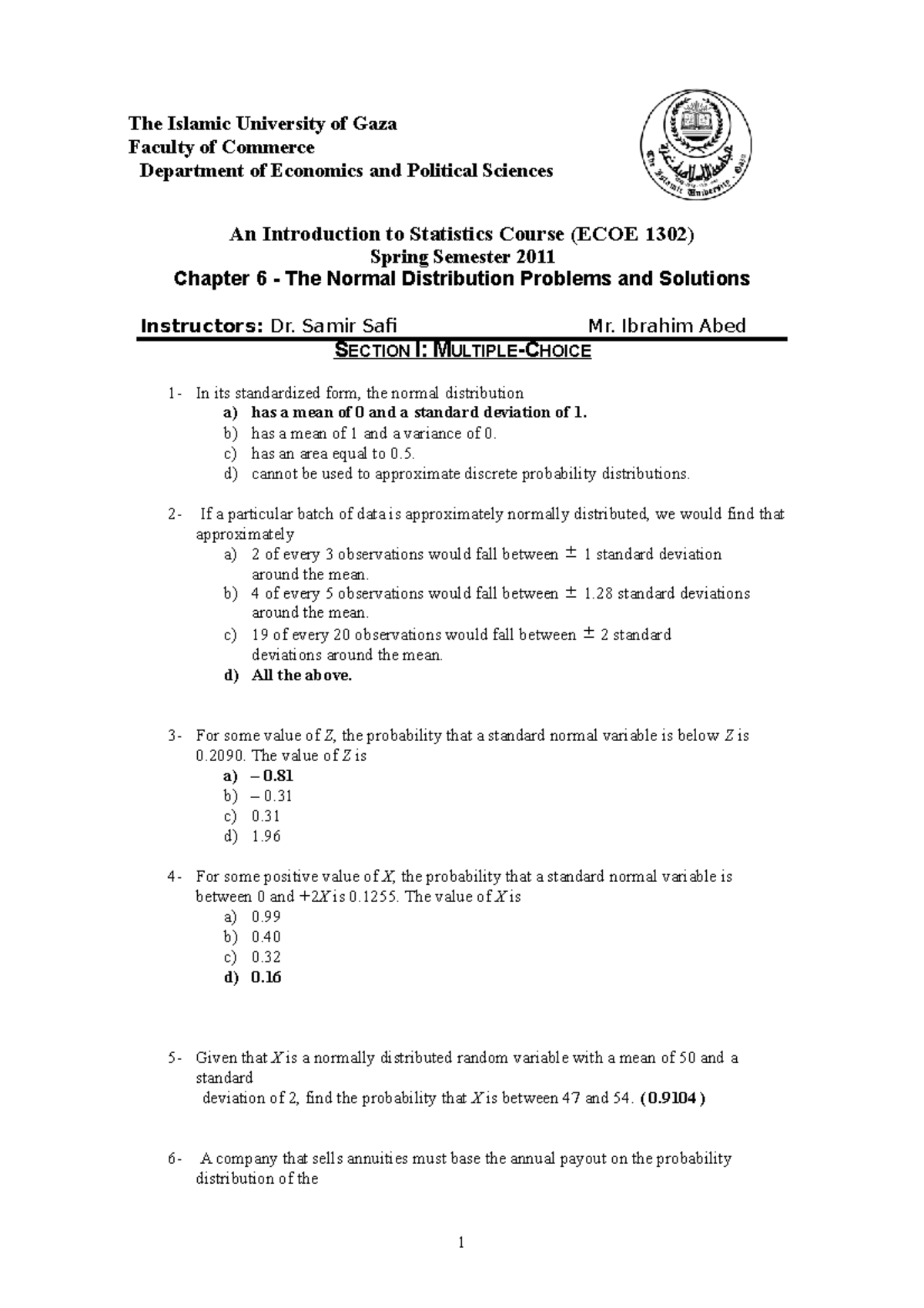 An Introduction to Statistics Course (ECOE 1302) Spring Semester 2011 ...