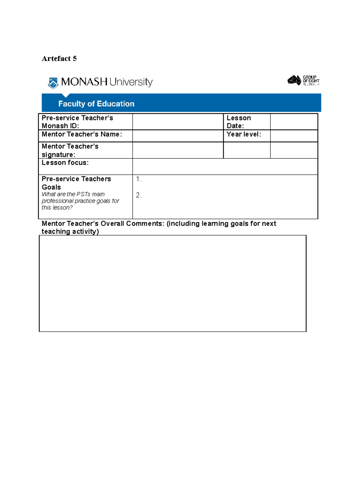 Artefact 5 template - TPA - Artefact 5 Pre-service Teacher’s Monash ID ...