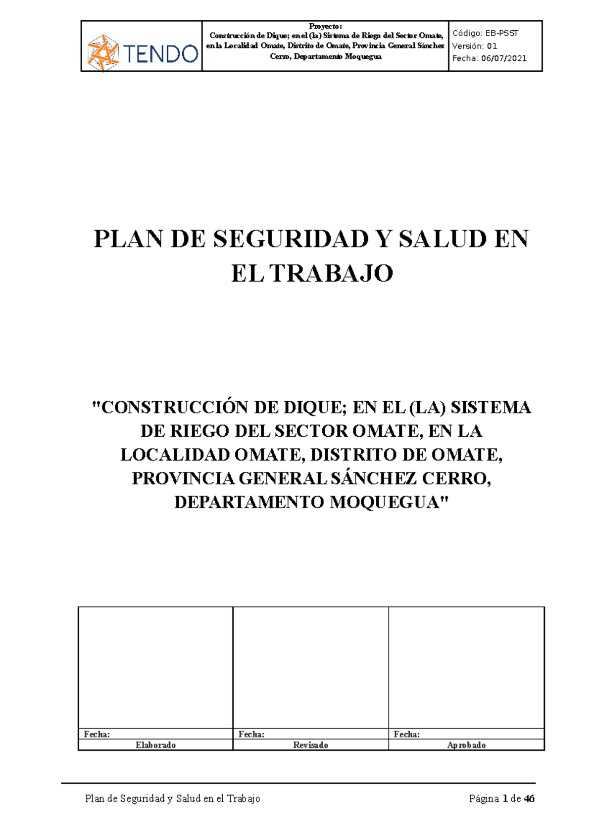 Plan de seguridad Dique - Construcción de Dique; en el (la) Sistema de ...