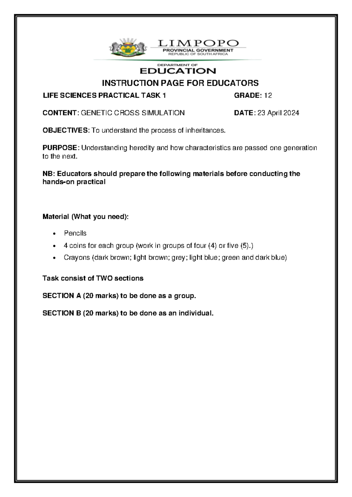 2024 LIM LFSC Practical Task 2 Grade 12 Instruction Page - Life ...
