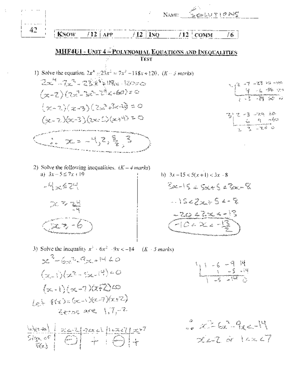 MHF4U1 - Unit 4 Test Solutions - Studocu