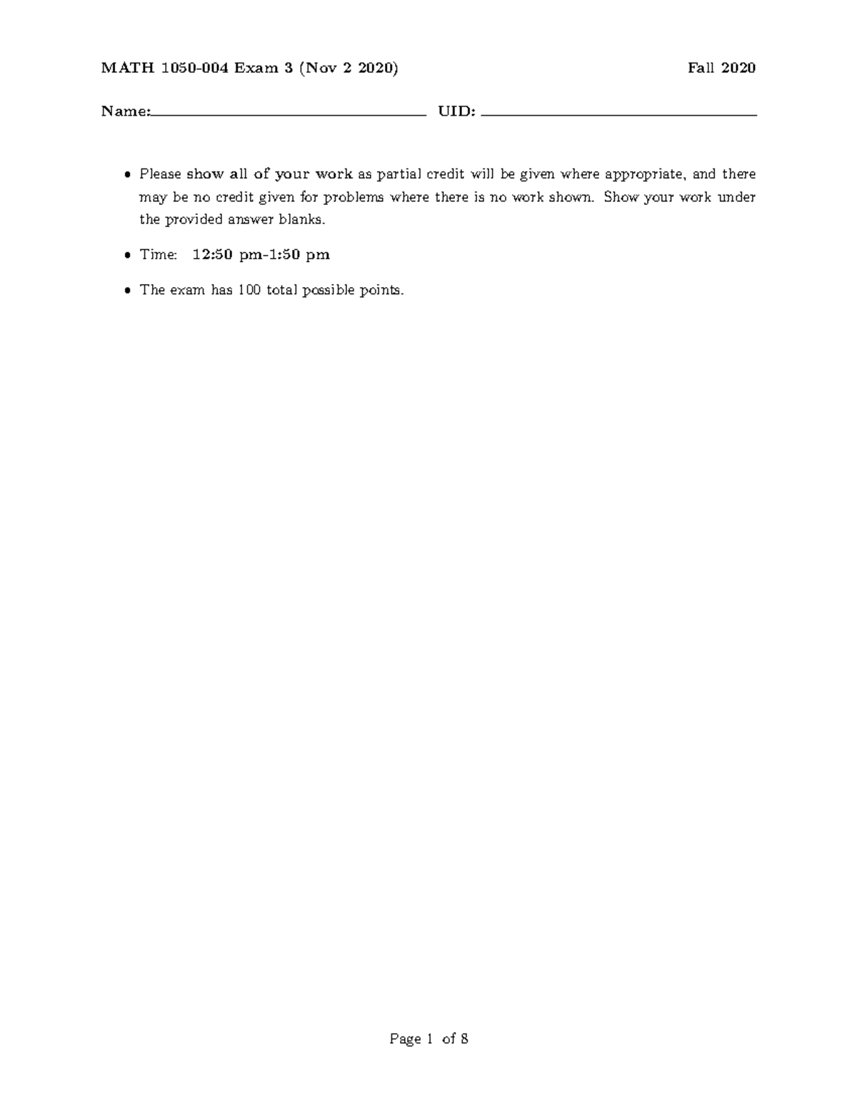 Math1050-004EXAM3 f2020 - MATH 1050-004 Exam 3 (Nov 2 2020) Fall 2020 ...
