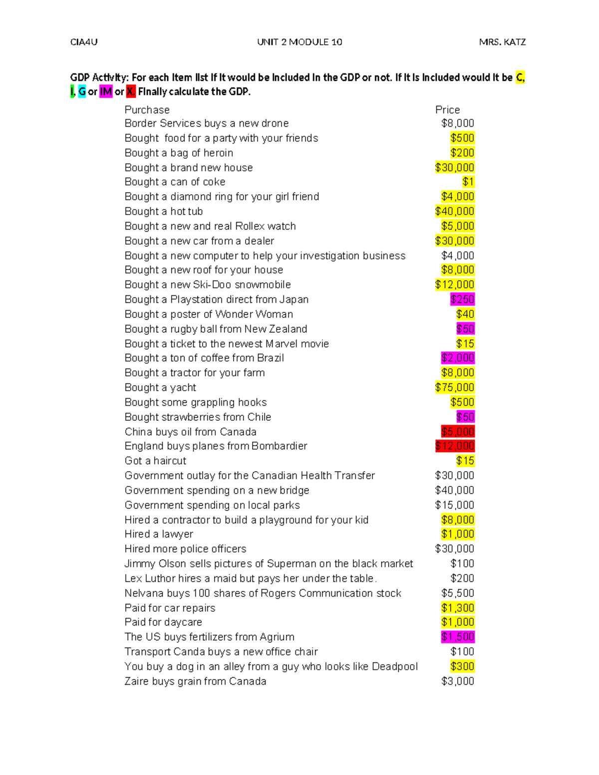Module 10GDPcalculationquestion - CIA4U UNIT 2 MODULE 10 MRS. KATZ GDP ...