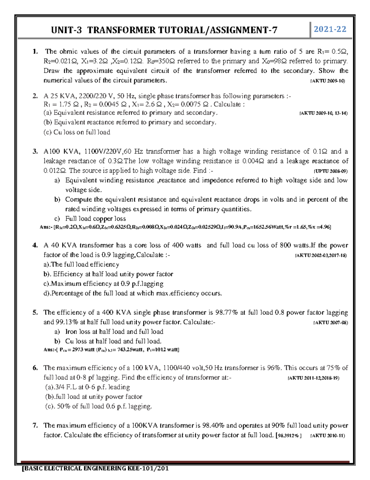Transformer tutorial - UNIT-3 TRANSFORMER TUTORIAL/ASSIGNMENT-7 2021- [BASIC ELECTRICAL ...
