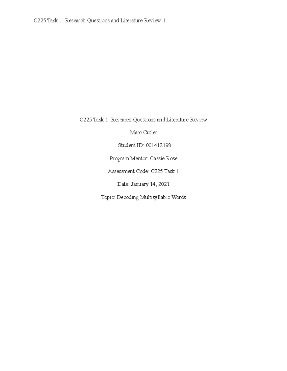 C225 Task 1 Research Questions and Literature Review - All students ...