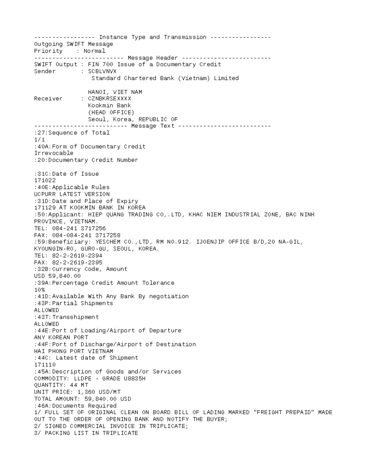 LC thanh toán quốc tế - Instance Type and Transmission - Outgoing SWIFT ...