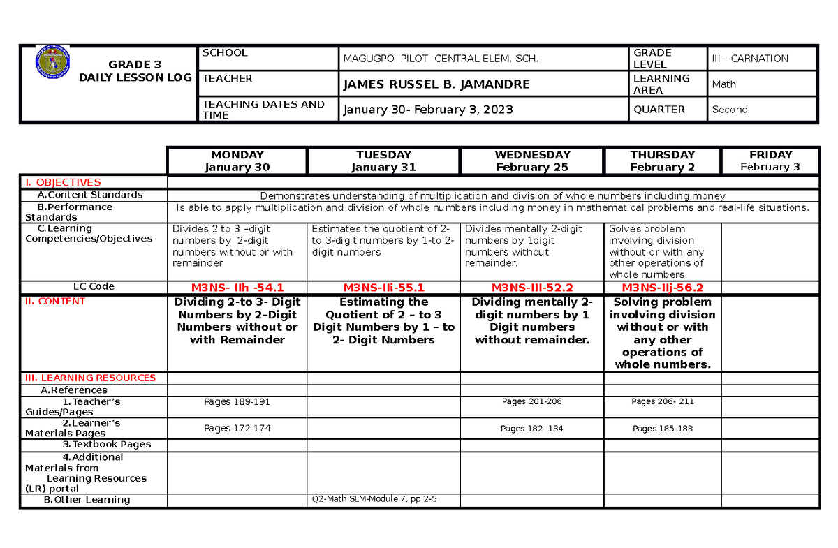 Math 3 DLL Q2W10 Jan 30 FEb3 - GRADE 3 DAILY LESSON LOG SCHOOL MAGUGPO ...