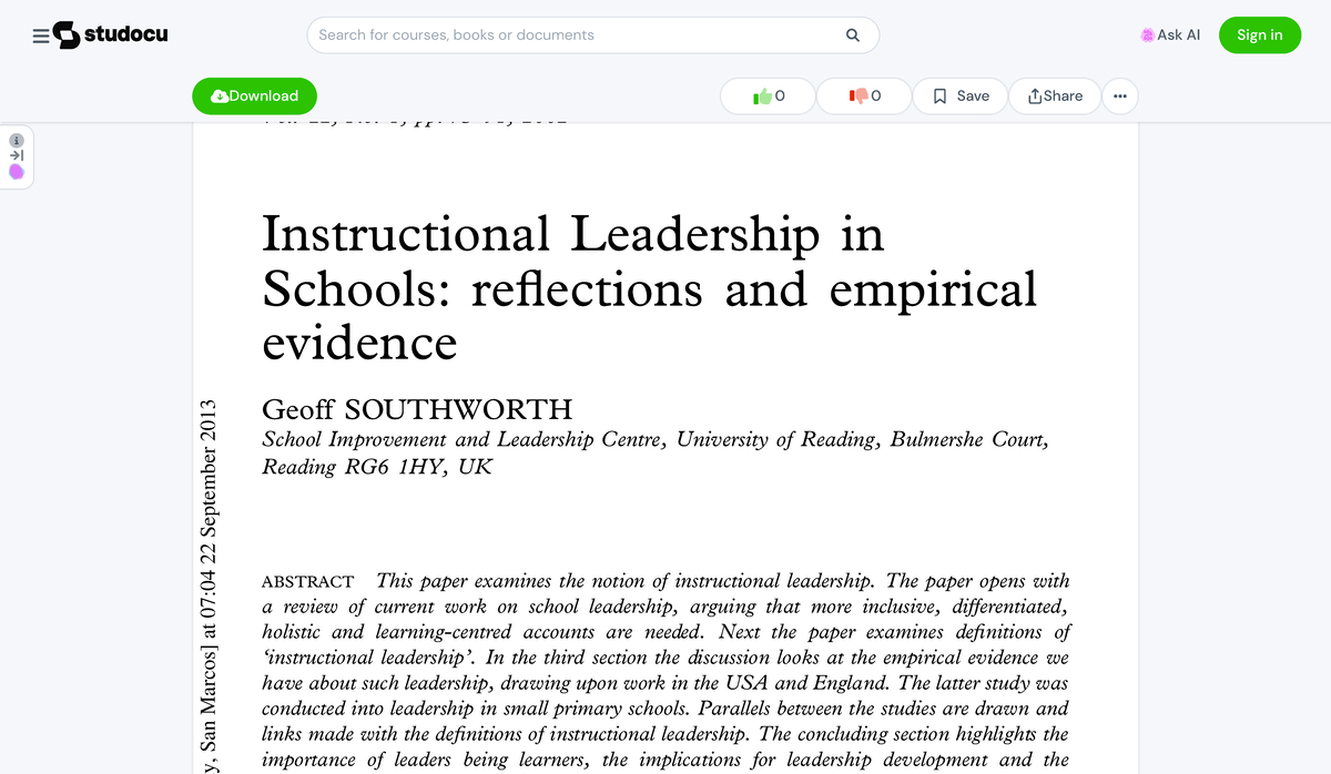 Instructional Leadership in Schools Reflections and empirical evidence - This art icle was ...