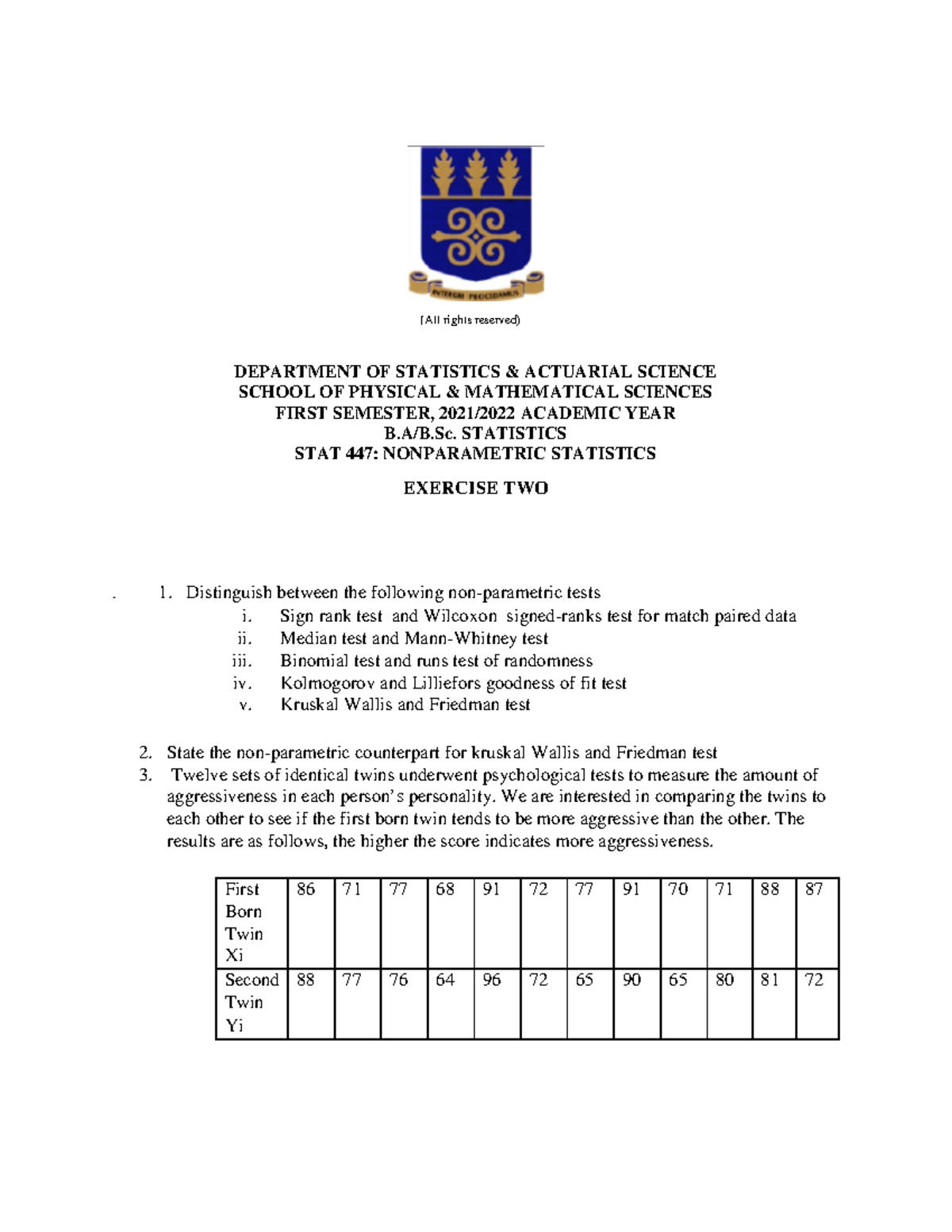 STAT 447 2021 2022 Exercise TWO - (All rights reserved) DEPARTMENT OF ...