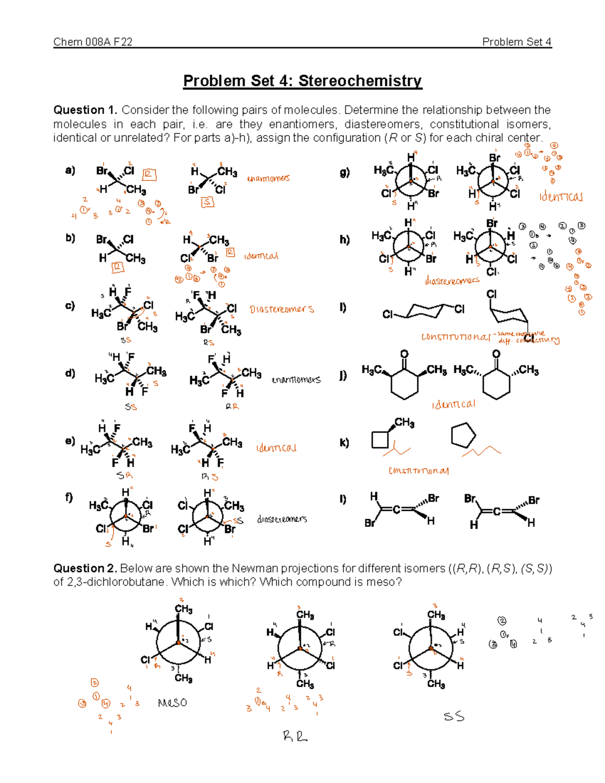 PS #4 Worksheet - Problem Set 4: Stereochemistry Question 1. Consider ...