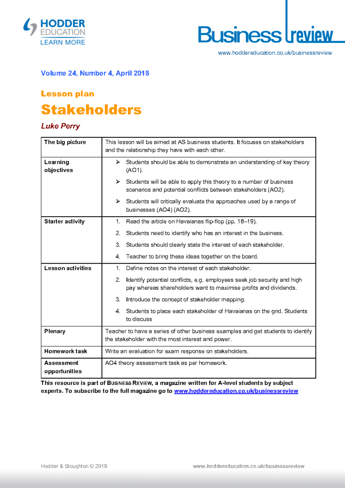 Business Review 24 4 lesson plan Stakeholders - Hodder & Stoughton © 201 8 - Studocu