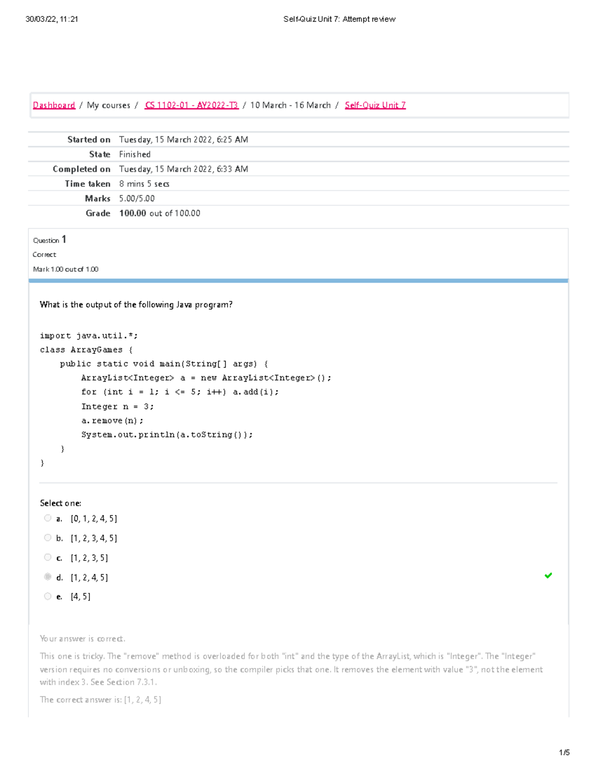 Self Quiz Unit 7 - Practice material to improve your knowledge CS 1102 - Started on Tuesday, 15 ...