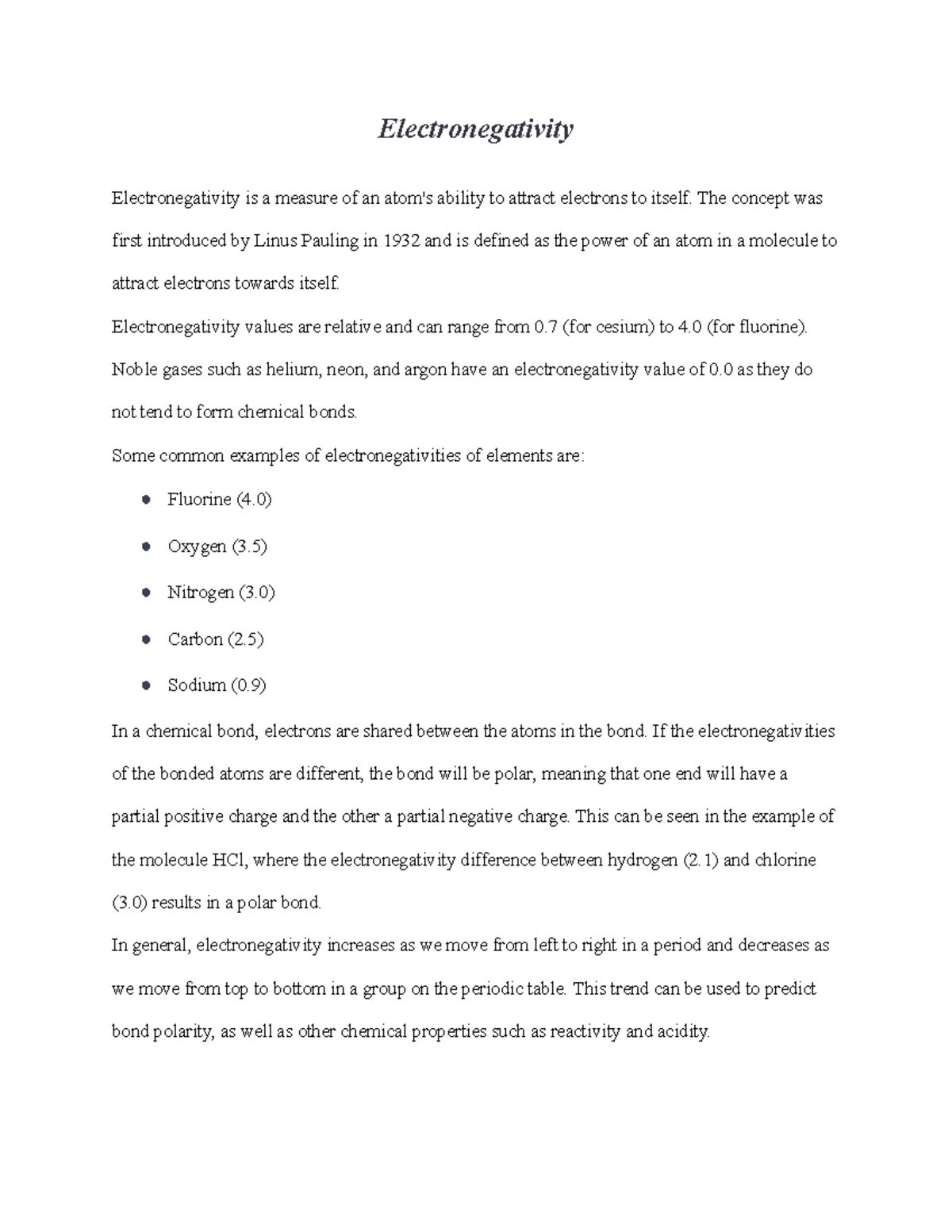 Notes on Electronegativity - Electronegativity Electronegativity is a ...