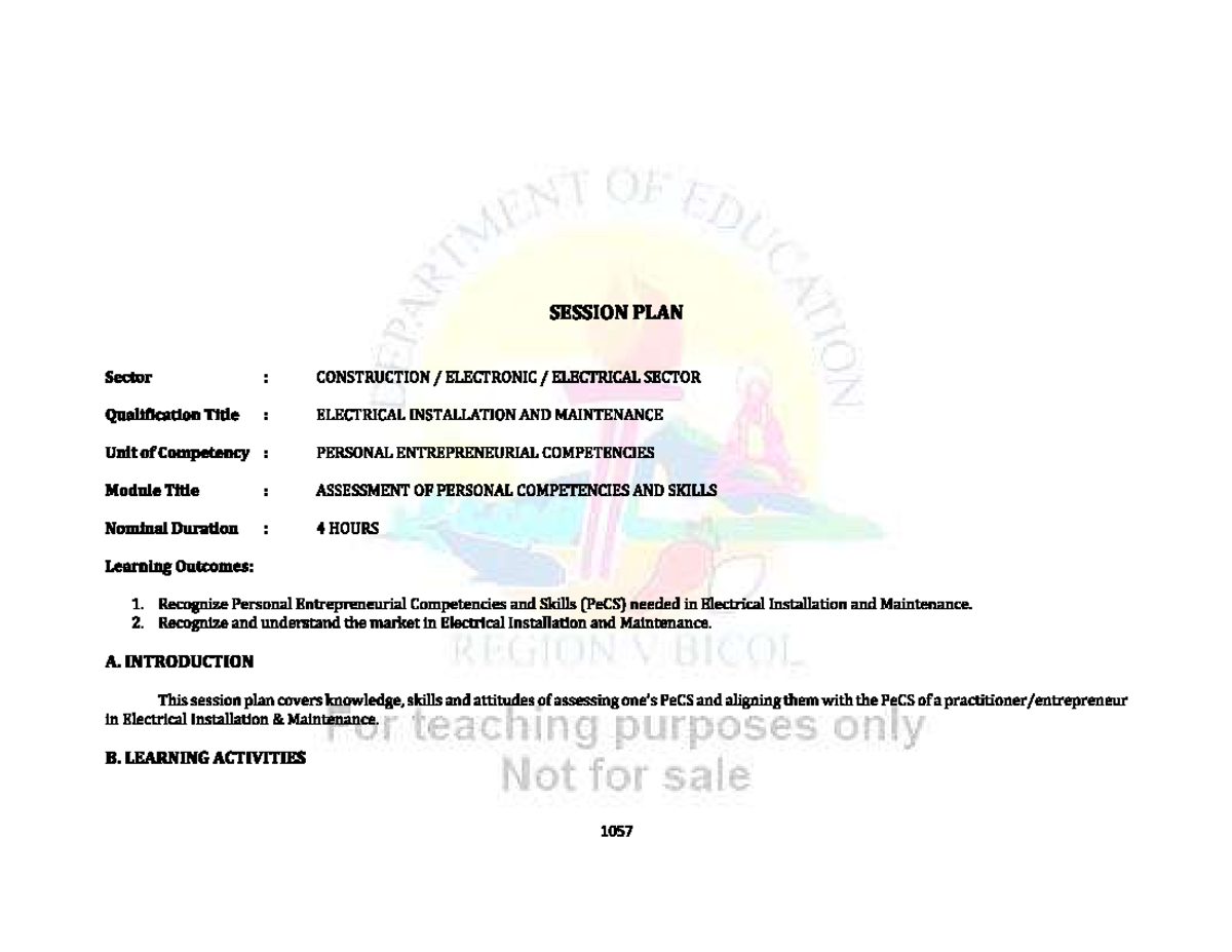 PEC's Session Plan Grade 10 - The Entrepreneurial Mind - Studocu