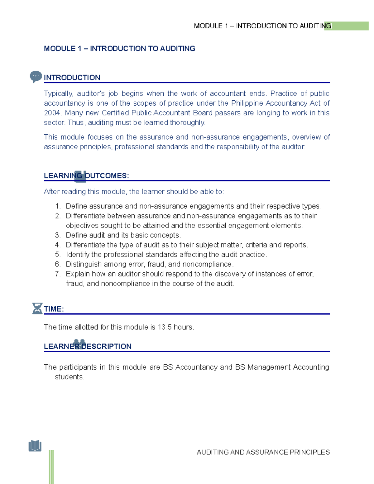 Module 1 - Introduction to Auditing - MODULE 1 – INTRODUCTION TO ...