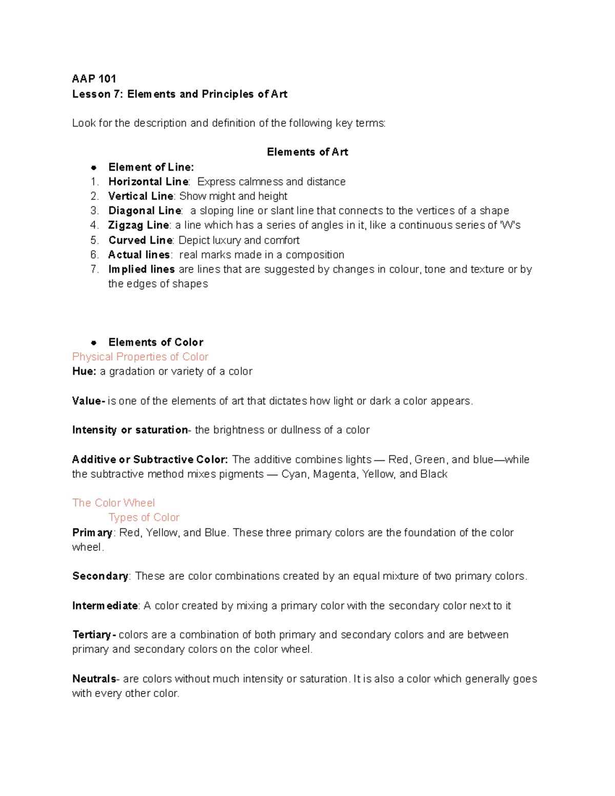 AAP 101 Lesson 7 - AAP 101 Lesson 7: Elements and Principles of Art ...