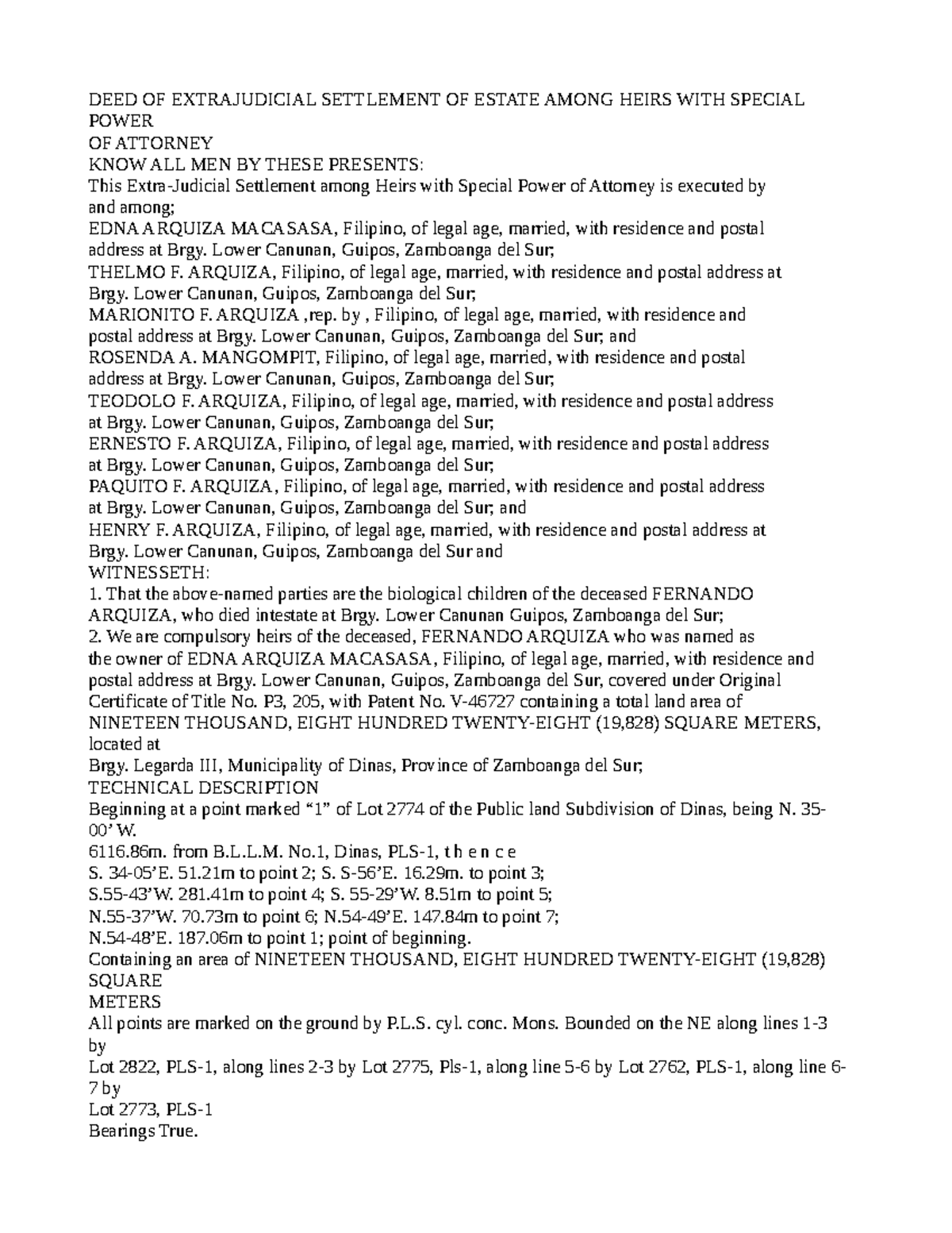 Sample EJS with SPA - DEED OF EXTRAJUDICIAL SETTLEMENT OF ESTATE AMONG ...