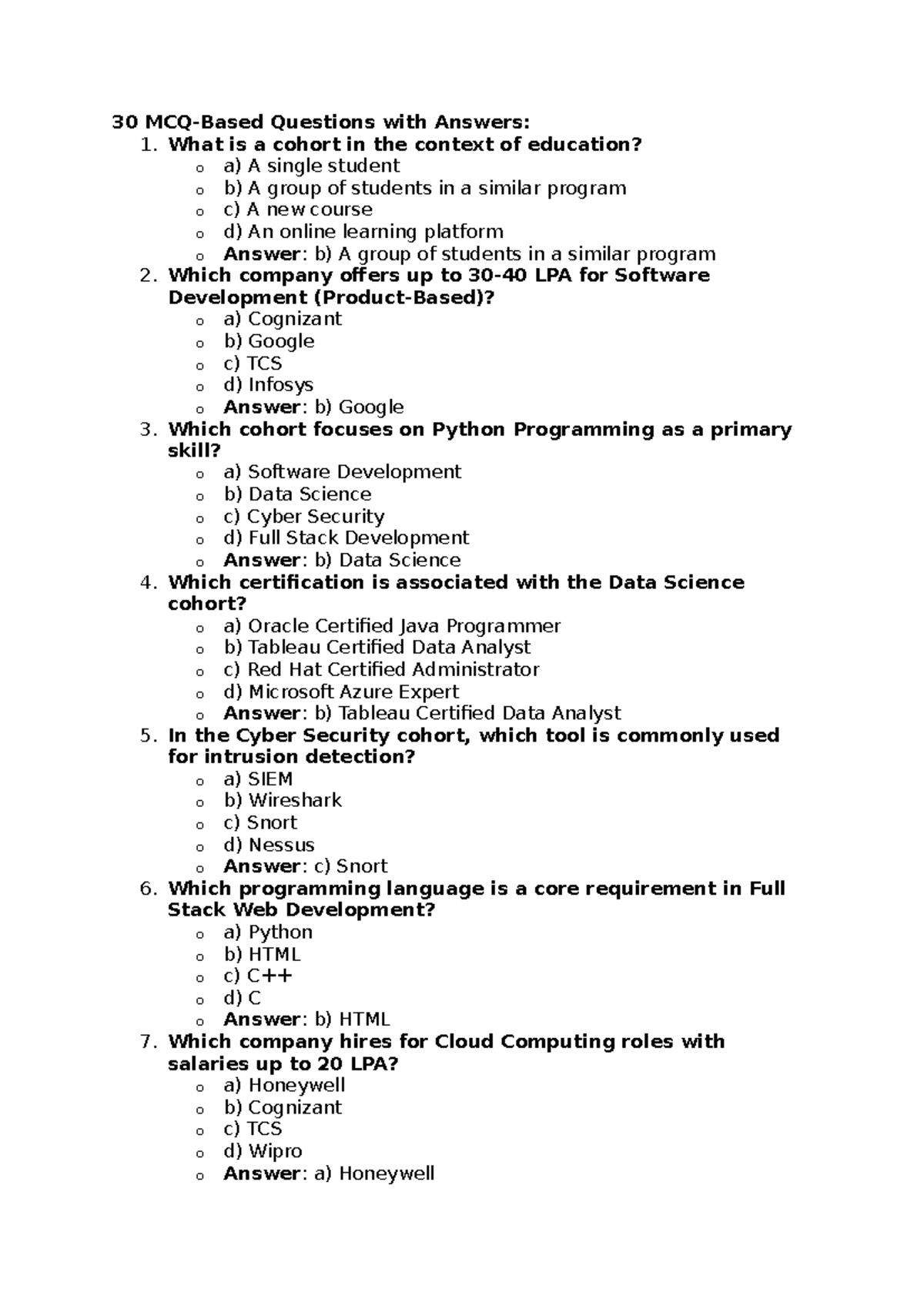 Unit 4 questions - 30 MCQ-Based Questions with Answers: 1. What is a ...