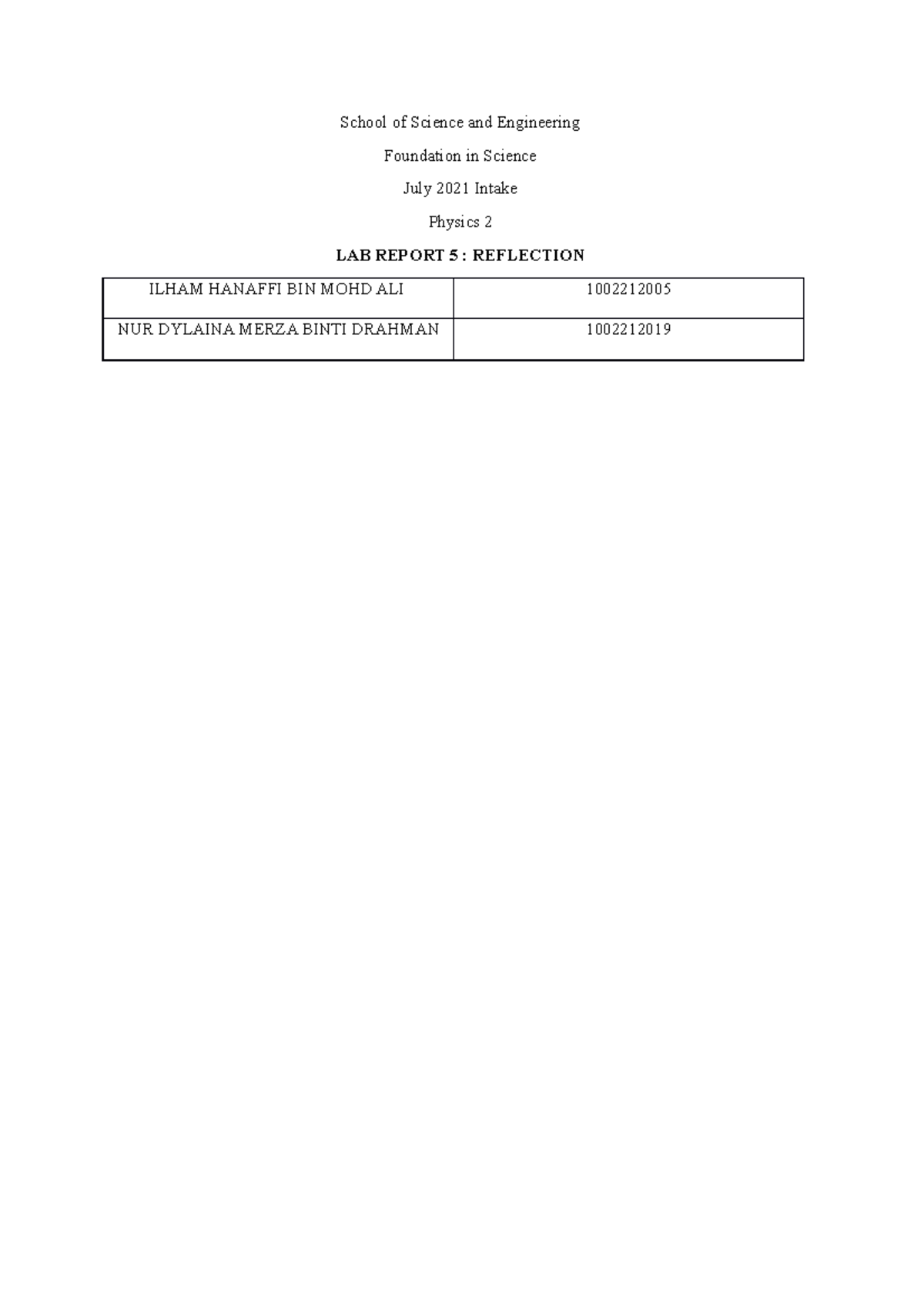 Physics 2 - LAB Report 5 REFLECTION - School of Science and Engineering ...