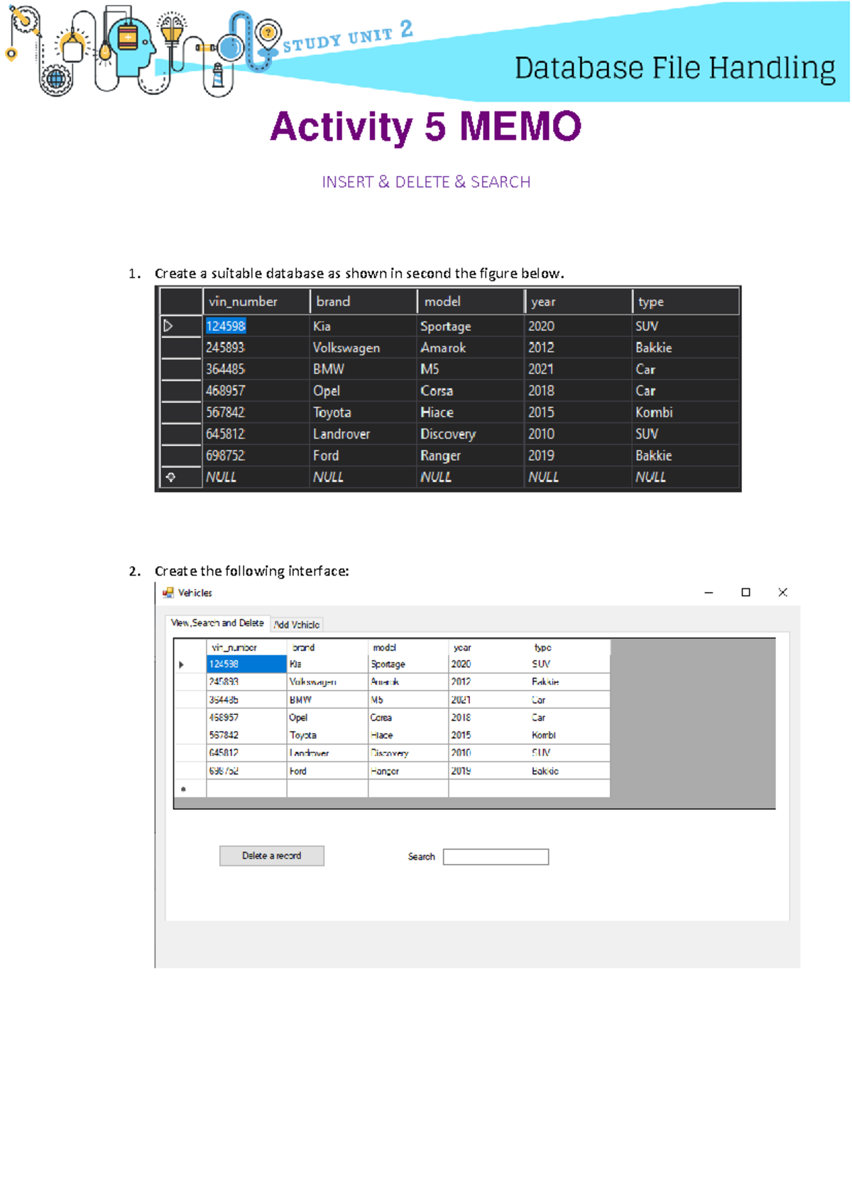 Activity 5 Memo - practical assignments - Activity 5 MEMO INSERT & DELETE & SEARCH 1. Create ...
