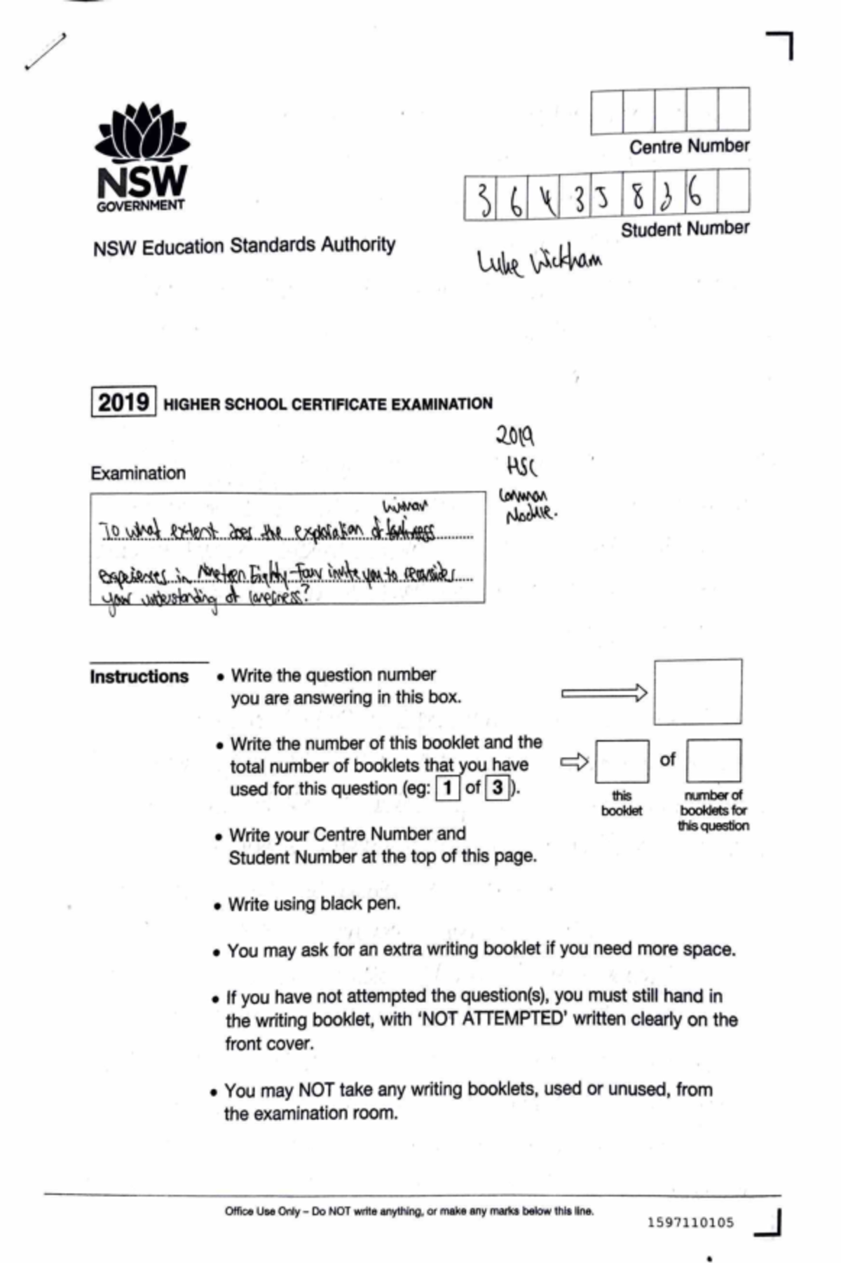 2019 HSC Common Module - (I_) I I· I I I I Centre Number NSW GOVERNMENT ...