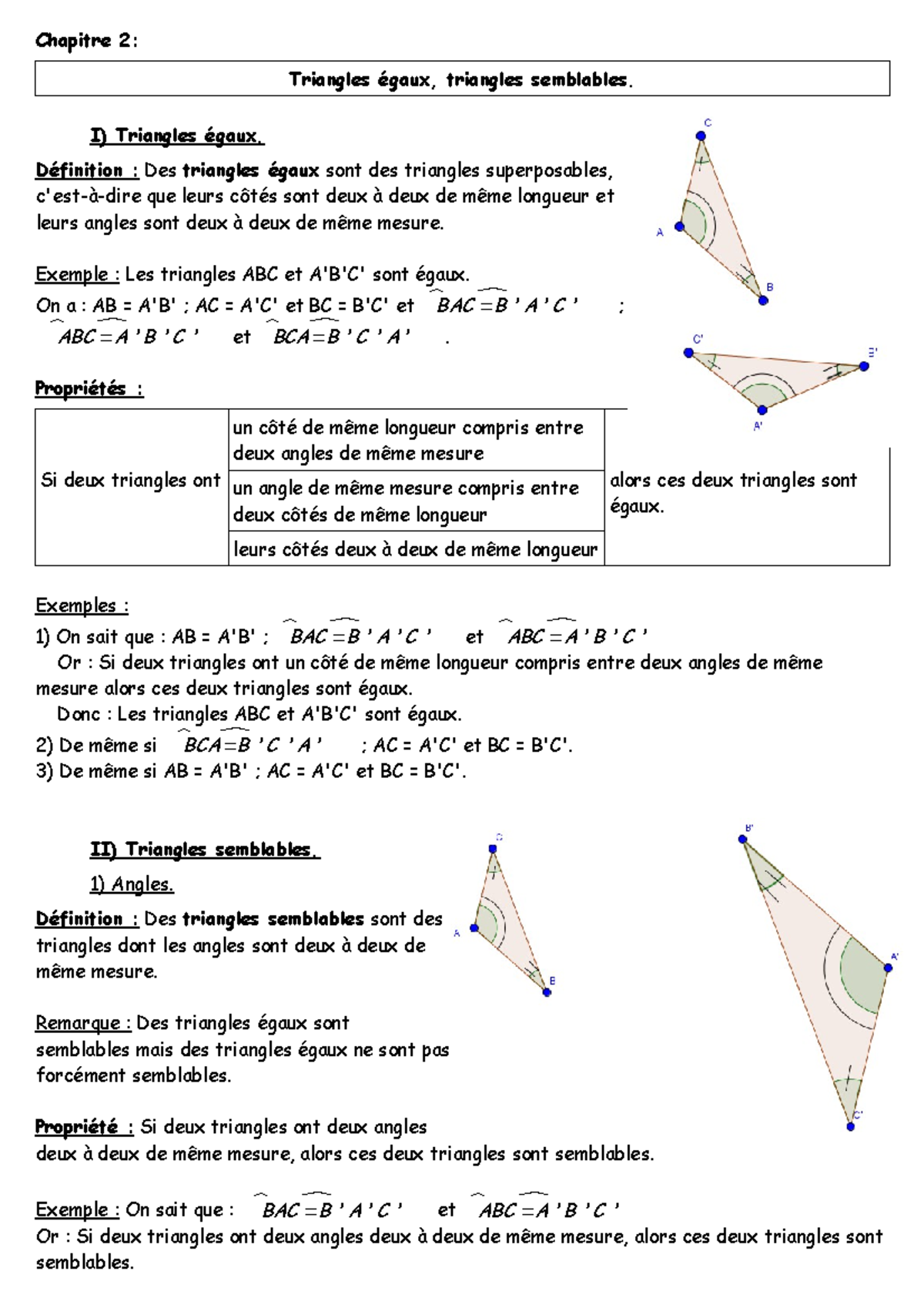 Leçon Triangles égaux triangles semblables - Chapitre 2: Triangles ...