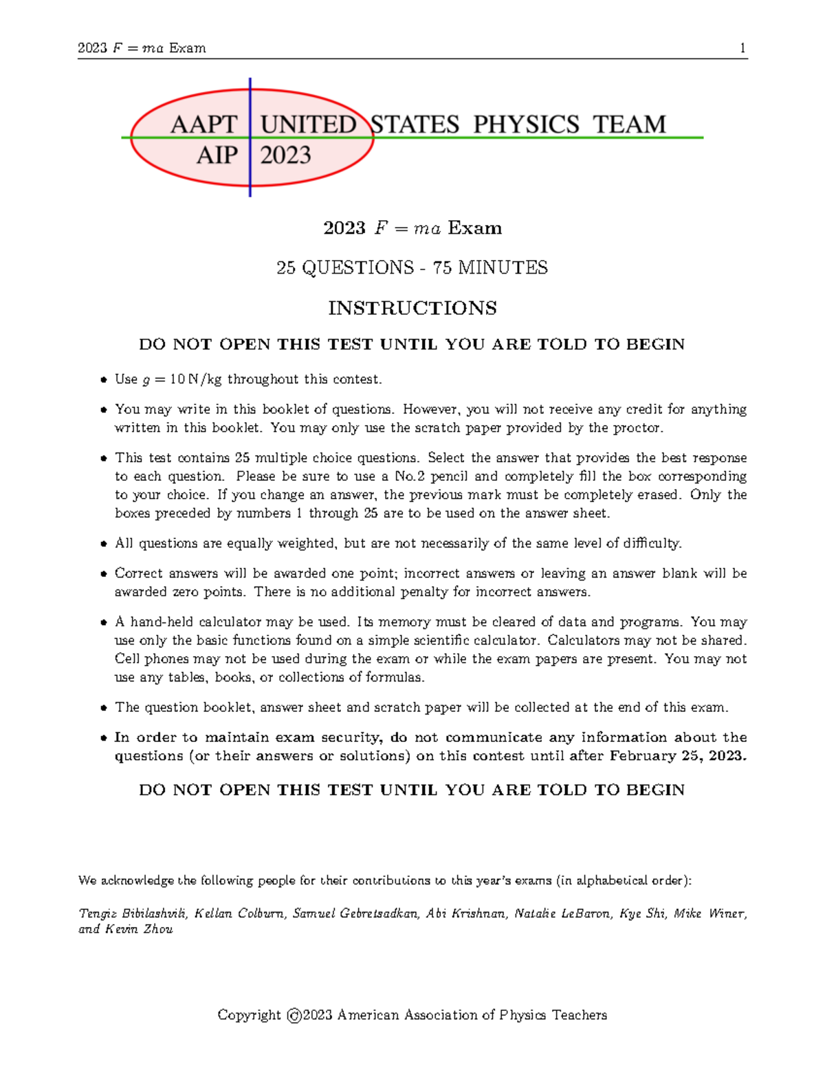 F ma 2023 Solutions - 2023 F = ma Exam 25 QUESTIONS - 75 MINUTES ...