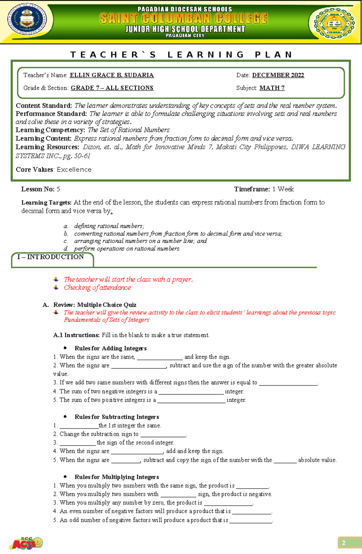 Lesson 5 TLP Rational Numbers - T E A C H E R ` S L E A R N I N G P L A ...