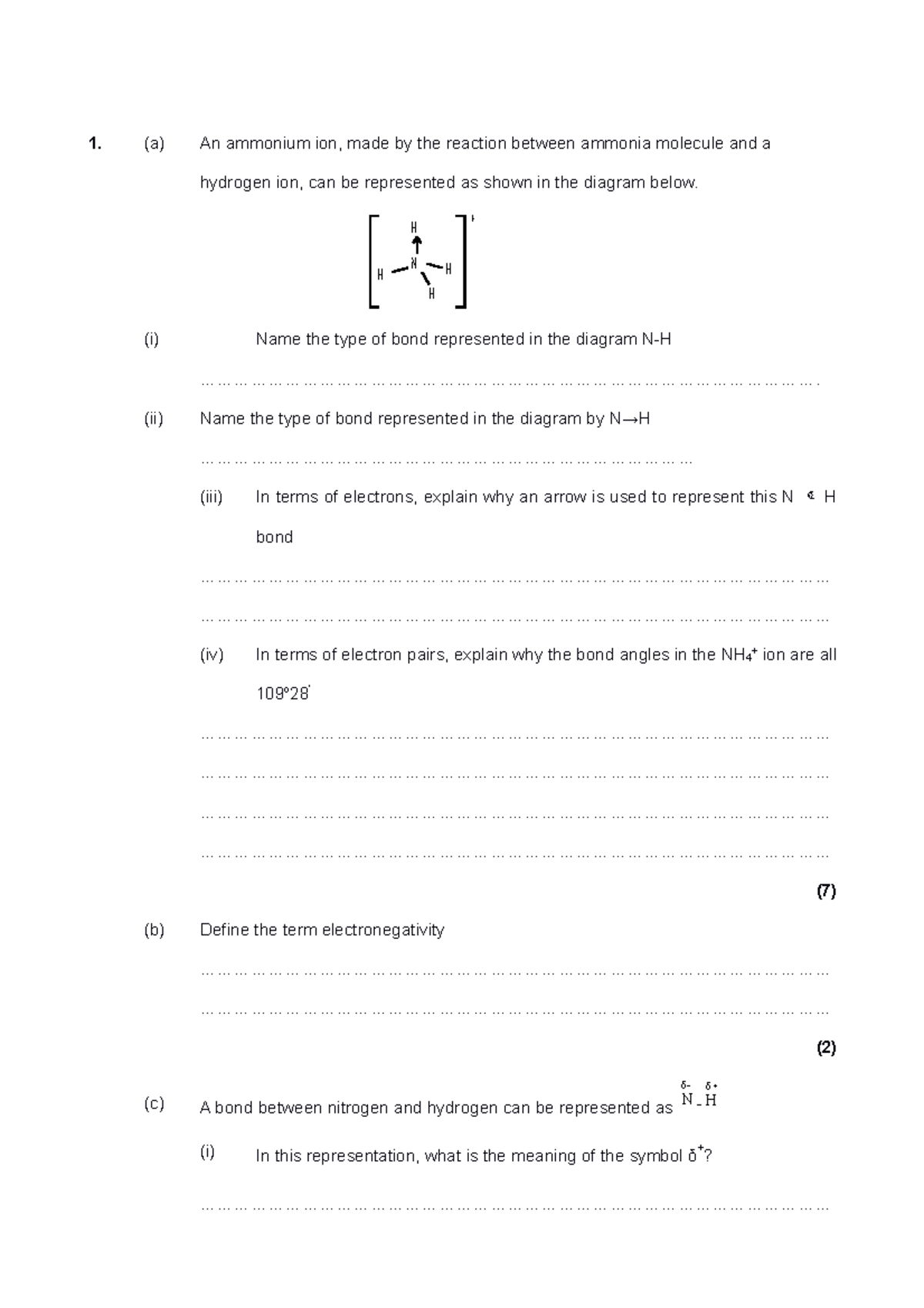 chemistry mini test - (a) An ammonium ion, made by the reaction between ...