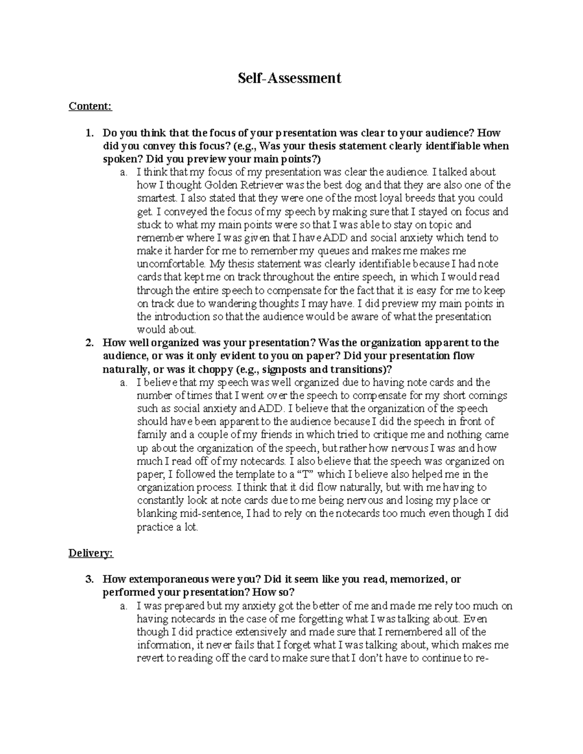 I Believe Speech Self Assessment - Self-Assessment Content: 1. Do you ...