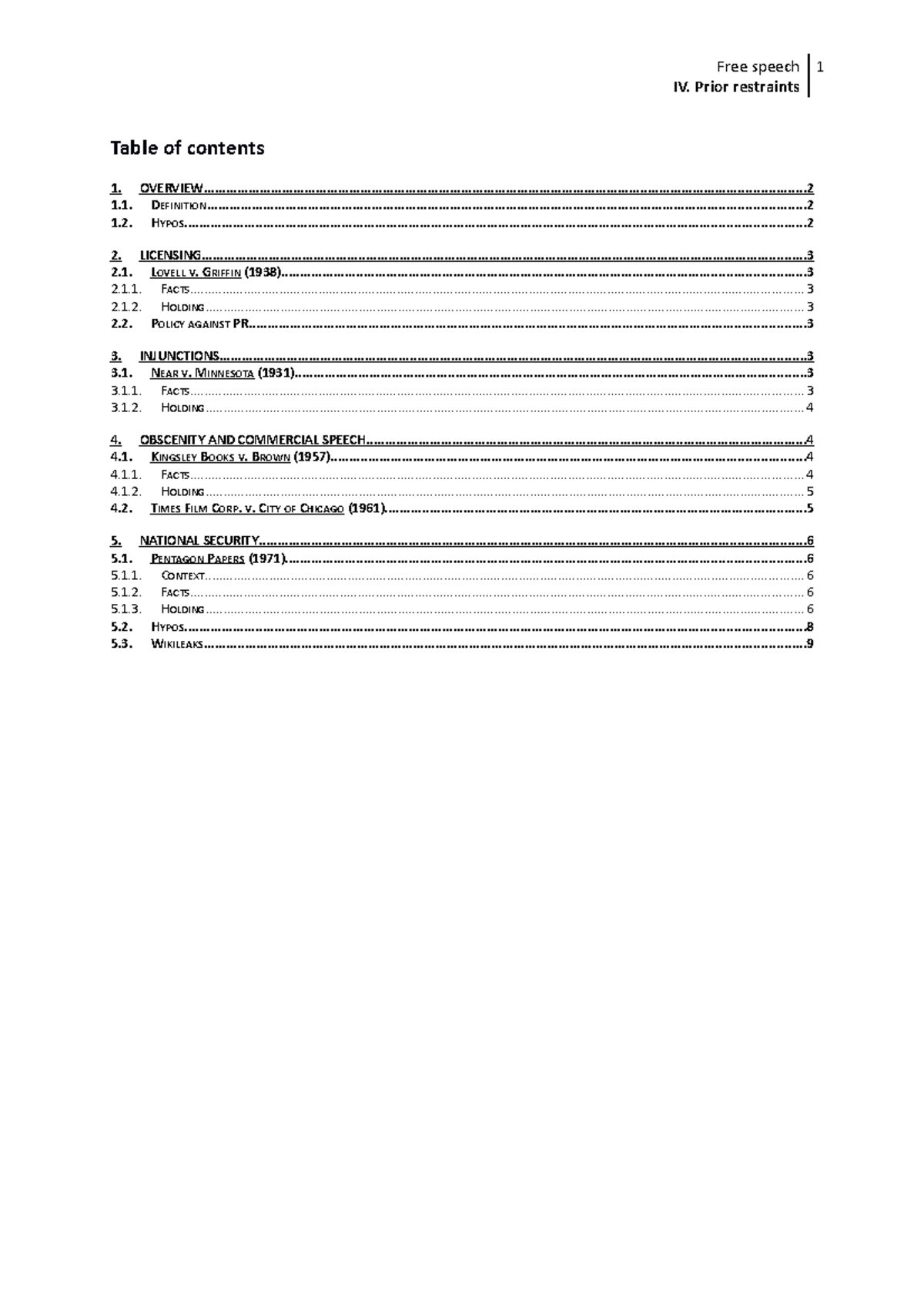 D) Prior restraints - Restr - Free speech 1 IV. Prior restraints Table ...