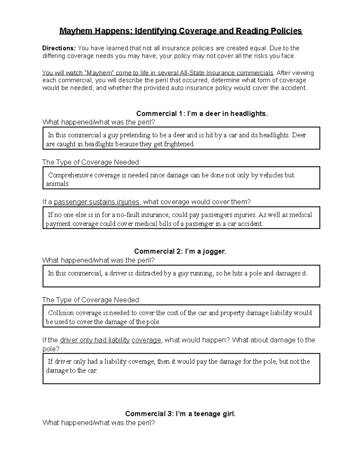 Mayhem Insurance Activity A - Mayhem Happens: Identifying Coverage and ...