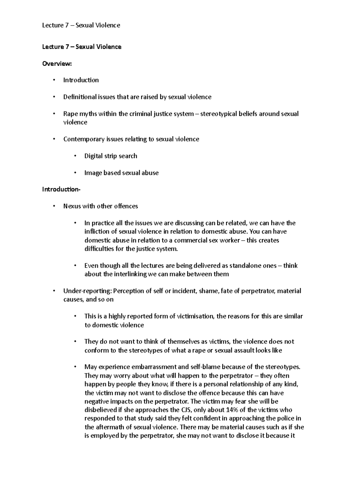 Lecture 7 – Sexual Violence - Lecture 7 – Sexual Violence Overview ...