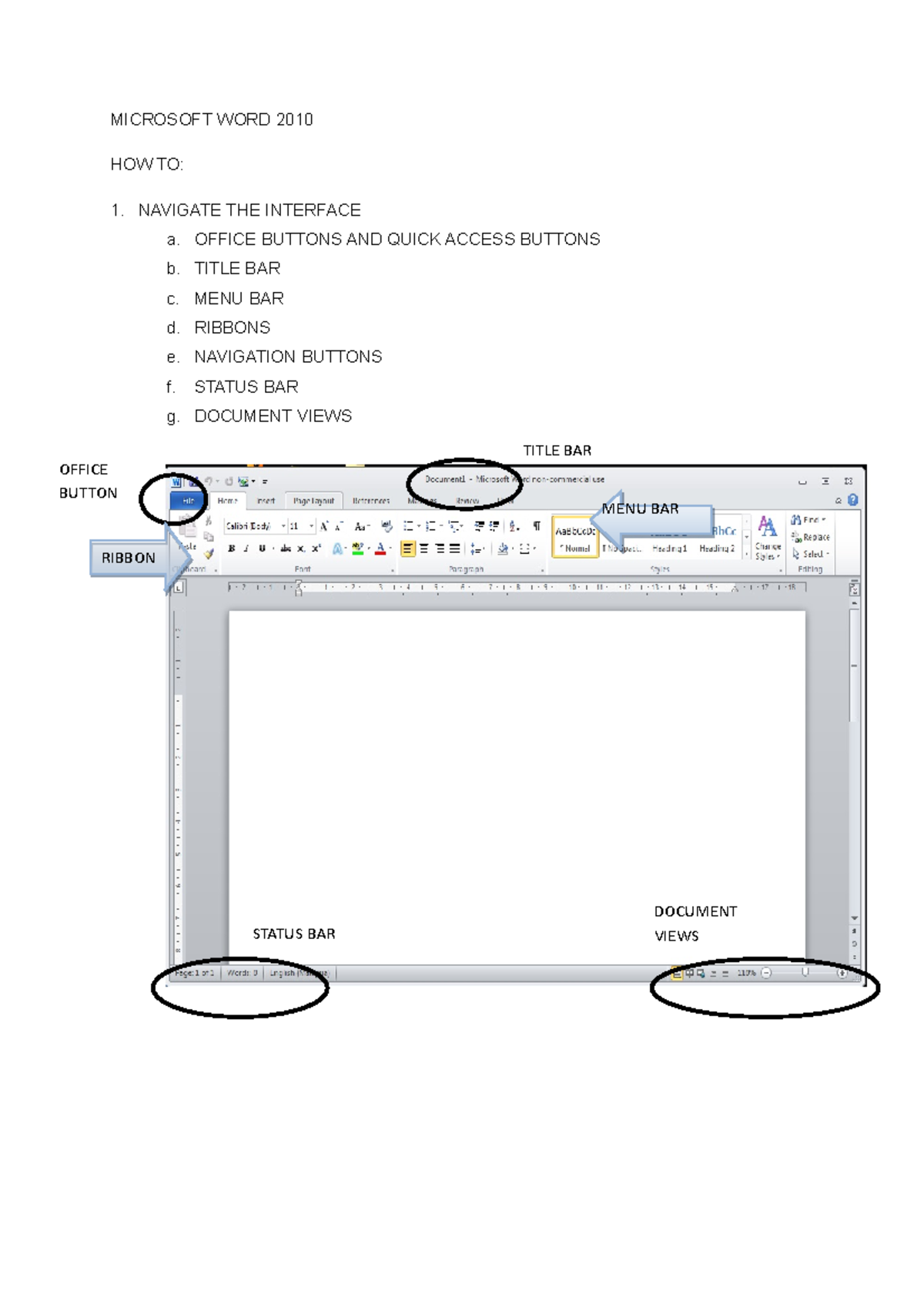Intro TO Msword - Lecturer's notes - MICROSOFT WORD 2010 HOW TO: 1 ...